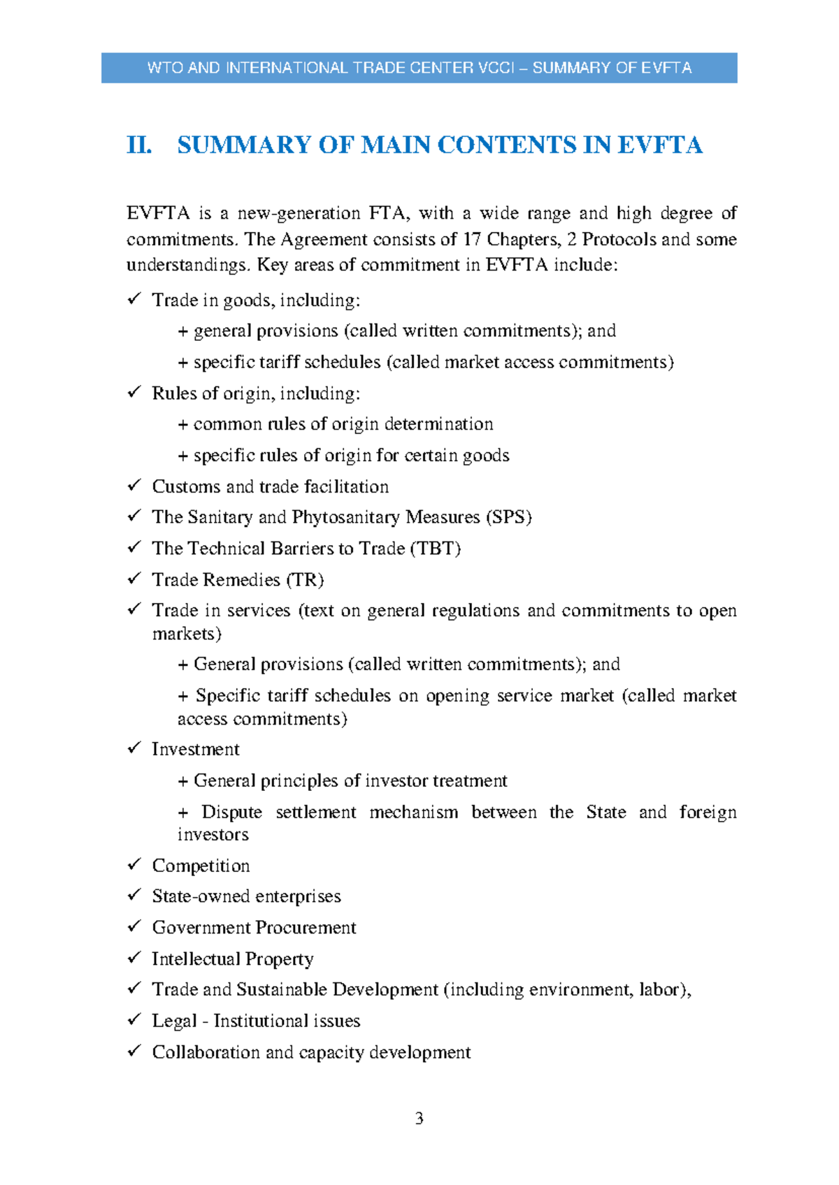 Contents of Evfta - II. SUMMARY OF MAIN CONTENTS IN EVFTA EVFTA is a ...
