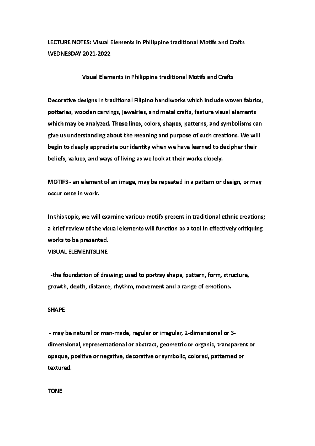Lecture Notes Visual Elements in Philippine traditional Motifs and ...