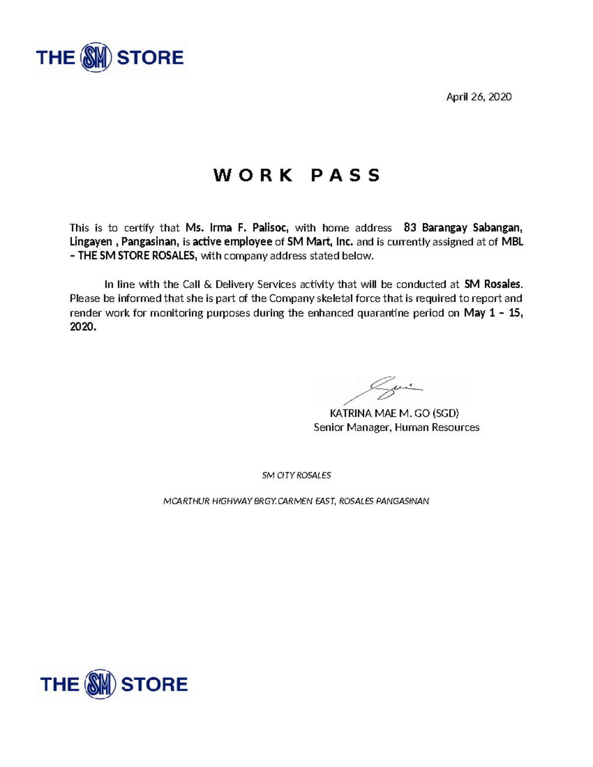 Company WORK PASS Irma Palisoc - April 26, 2020 W O R K P A S S This is ...
