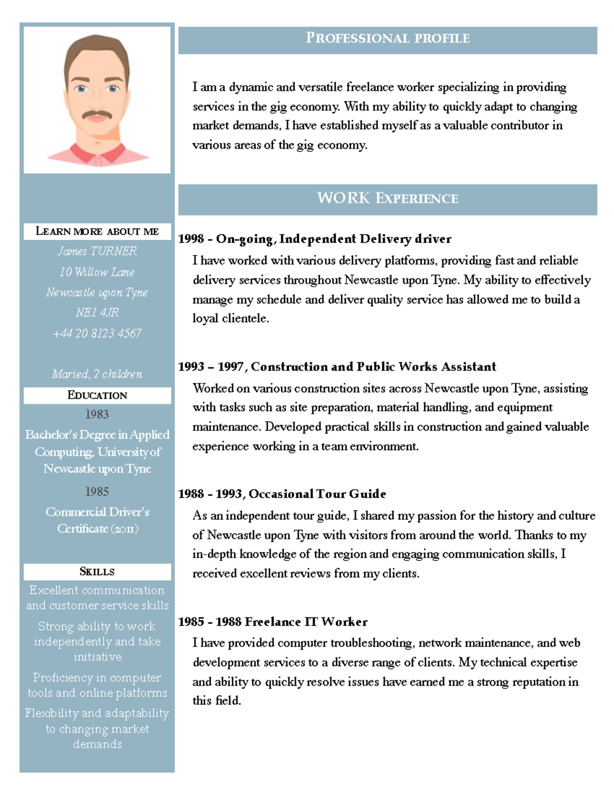 CV d'un travailleur du gig economy - PROFESSIONAL PROFILE I am a ...