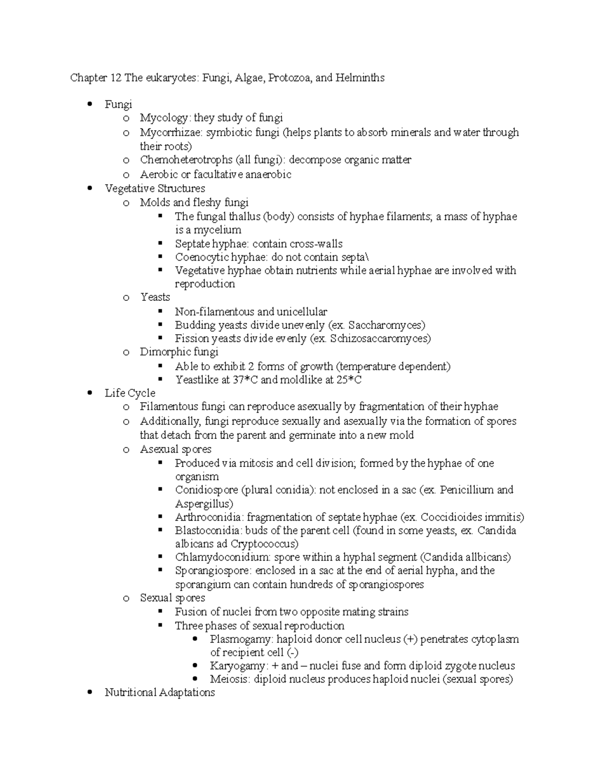 Microbiology Chapter 12 Chapter 12 The Eukaryotes Fungi Algae