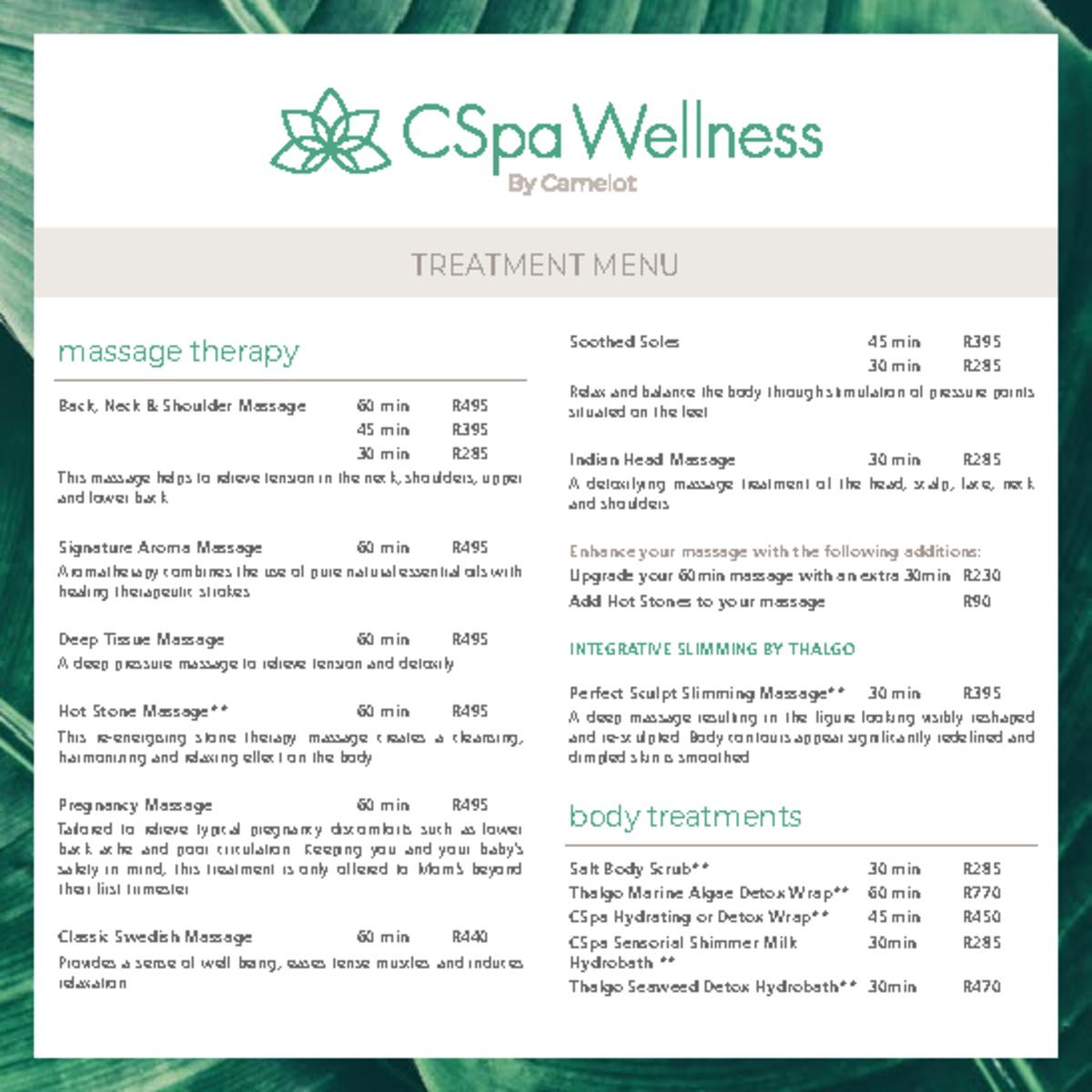 CSpa Wellness by Camelot Balwin Treatment Menu 2020 - massage therapy ...