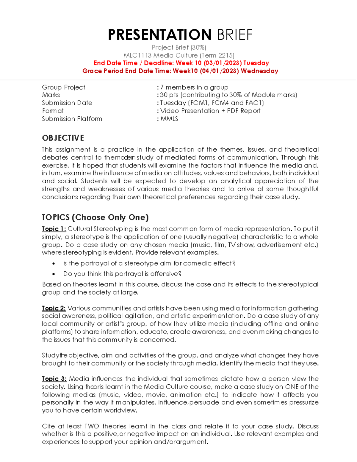 MLC113 Media Culture 2215 Group Presentation Brief - PDFure ...