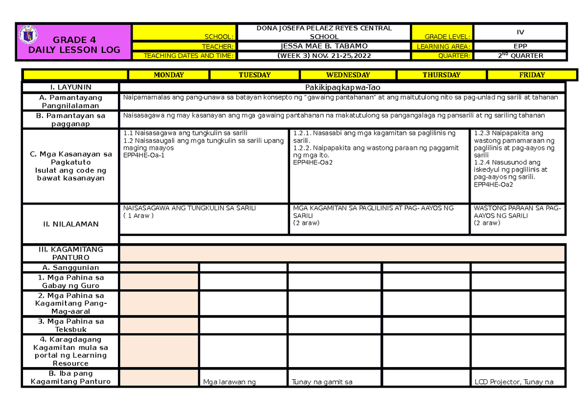 DLL EPP WEEK 3 - for teachers in deped - GRADE 4 DAILY LESSON LOG ...