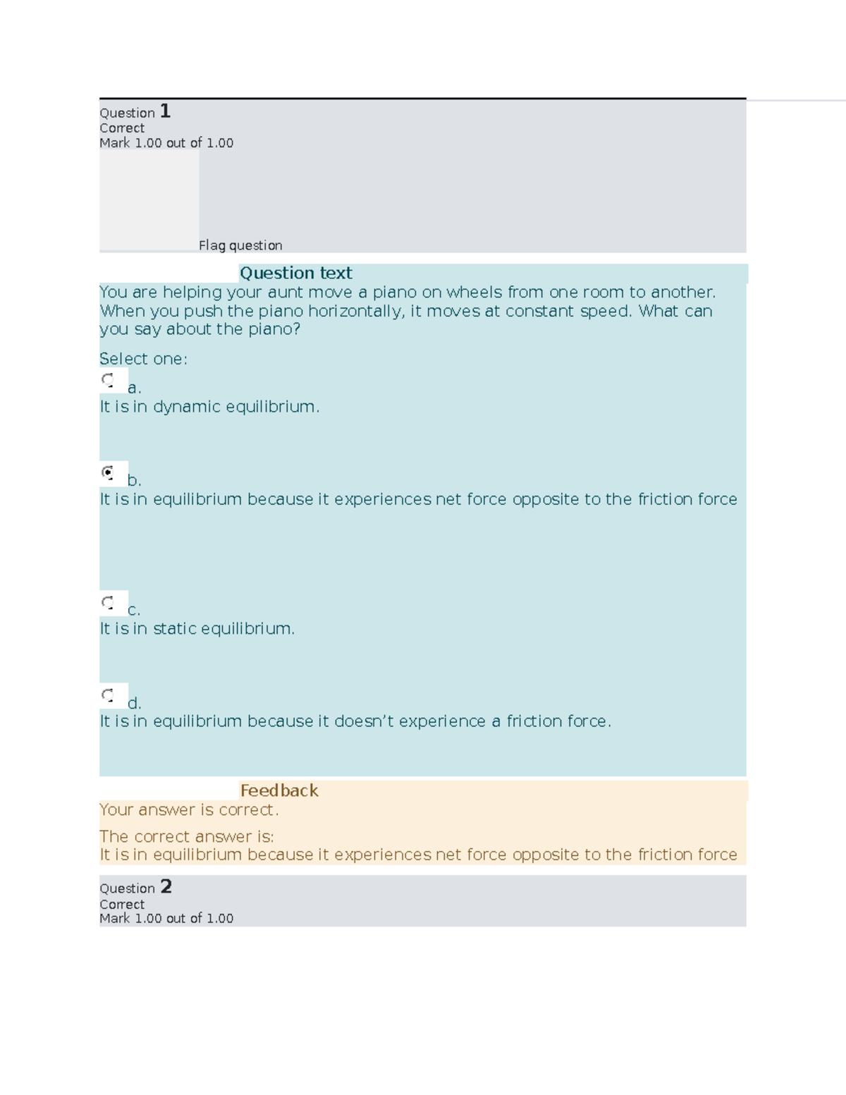 Calculus-Based Physics 1 midterm exam - Question 1 Correct Mark 1 out of 1. Flag question ...
