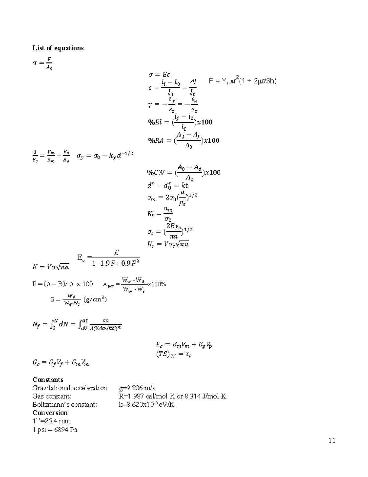 Test 2 - Equation sheet - 11 List of equations 𝜎 = ி ஺బ 𝜎 = 𝐸𝜀 𝜀 = 𝑙௜ − ...