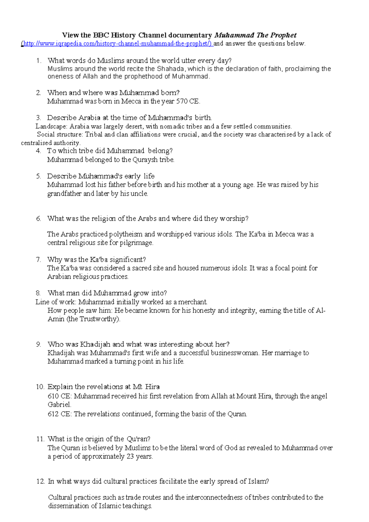 Muhammad The Prophet Video Worksheet - View the BBC History Channel ...