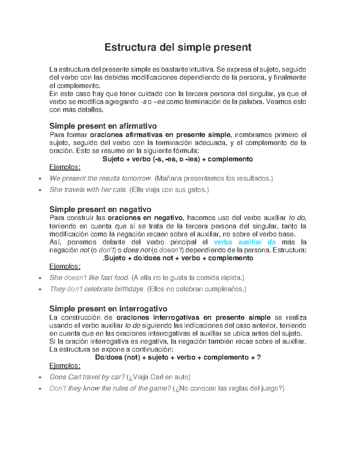 Estructura del simple present - Se expresa el sujeto, seguido del verbo ...
