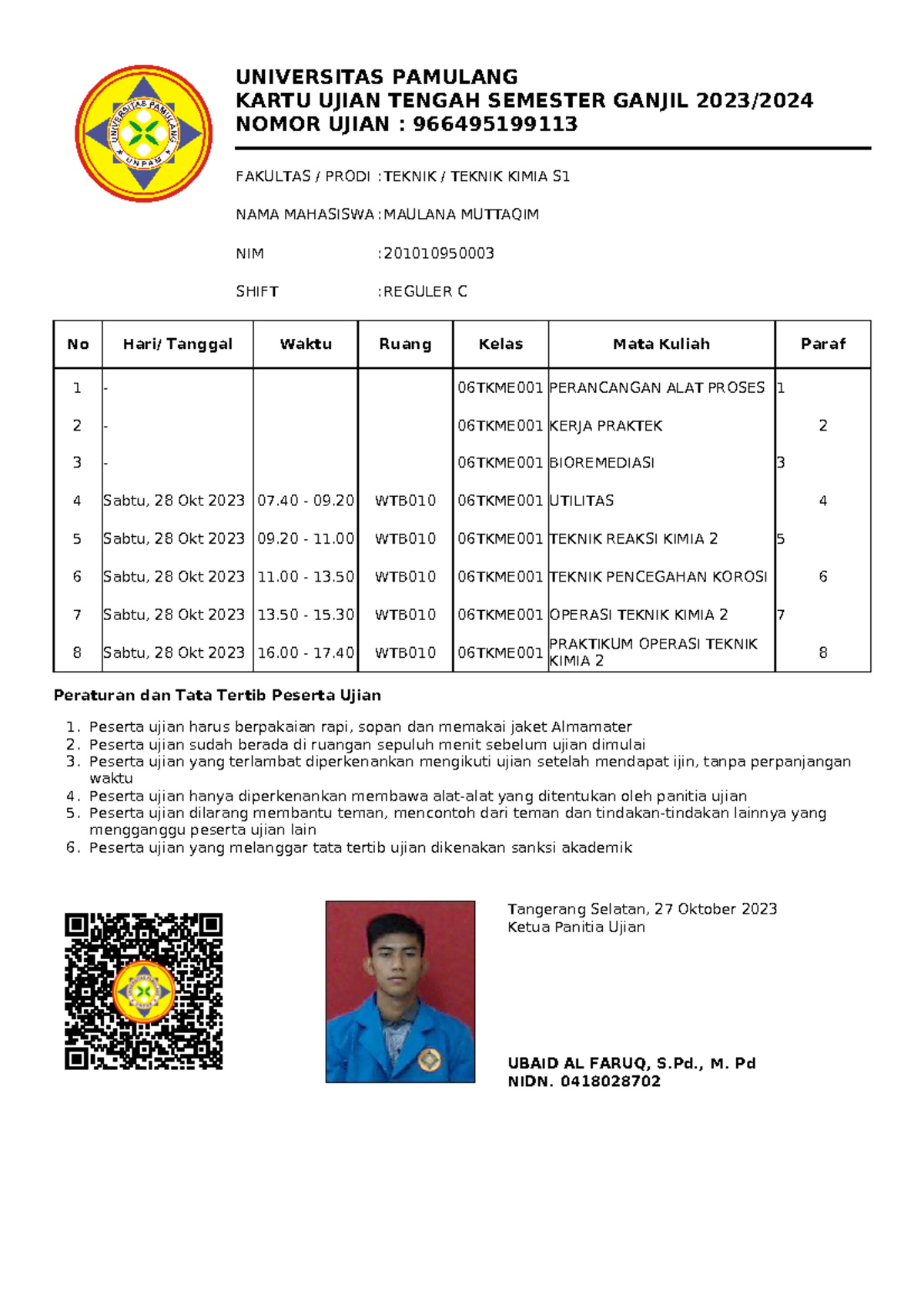 UTS - Uts - UNIVERSITAS PAMULANG KARTU UJIAN TENGAH SEMESTER GANJIL 2023/ NOMOR UJIAN ...
