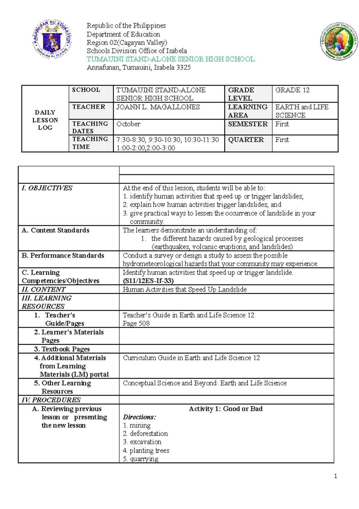 CO1-2023-2024 - Earth and Life Science DLP - Department of Education ...