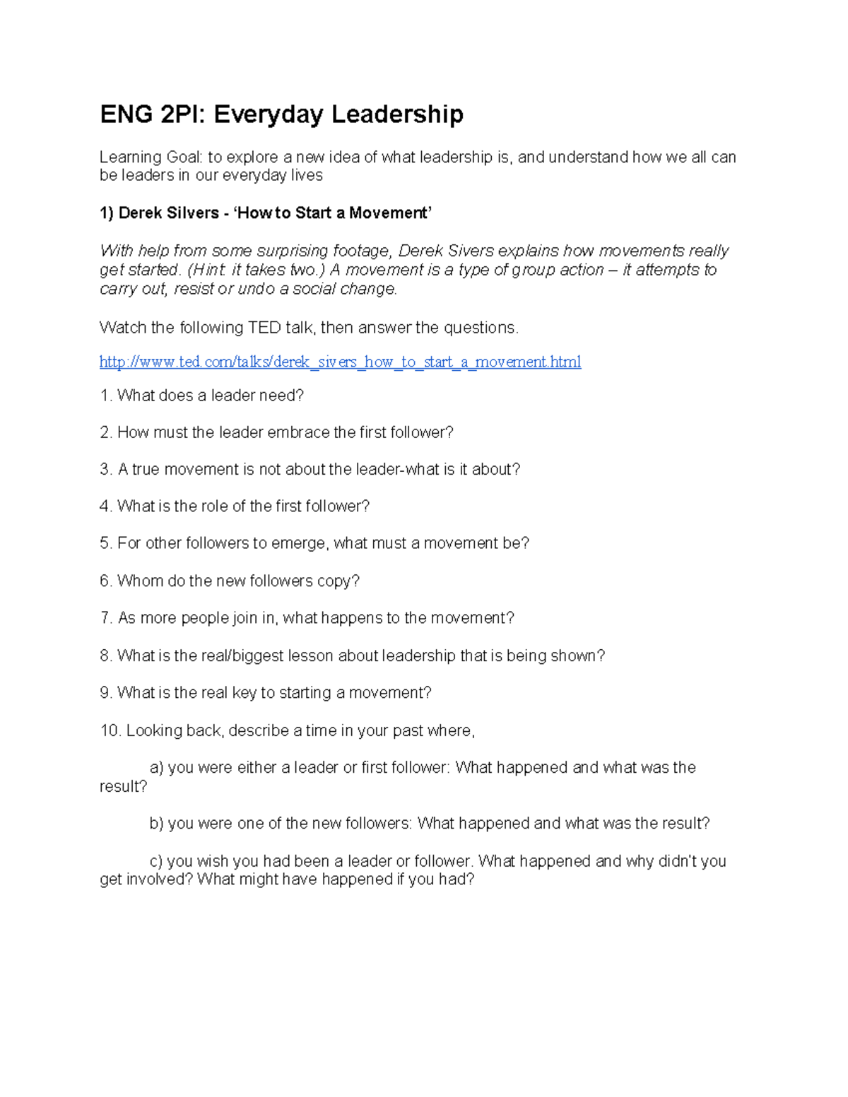 Everyday leadership handout - ENG 2PI: Everyday Leadership Learning ...