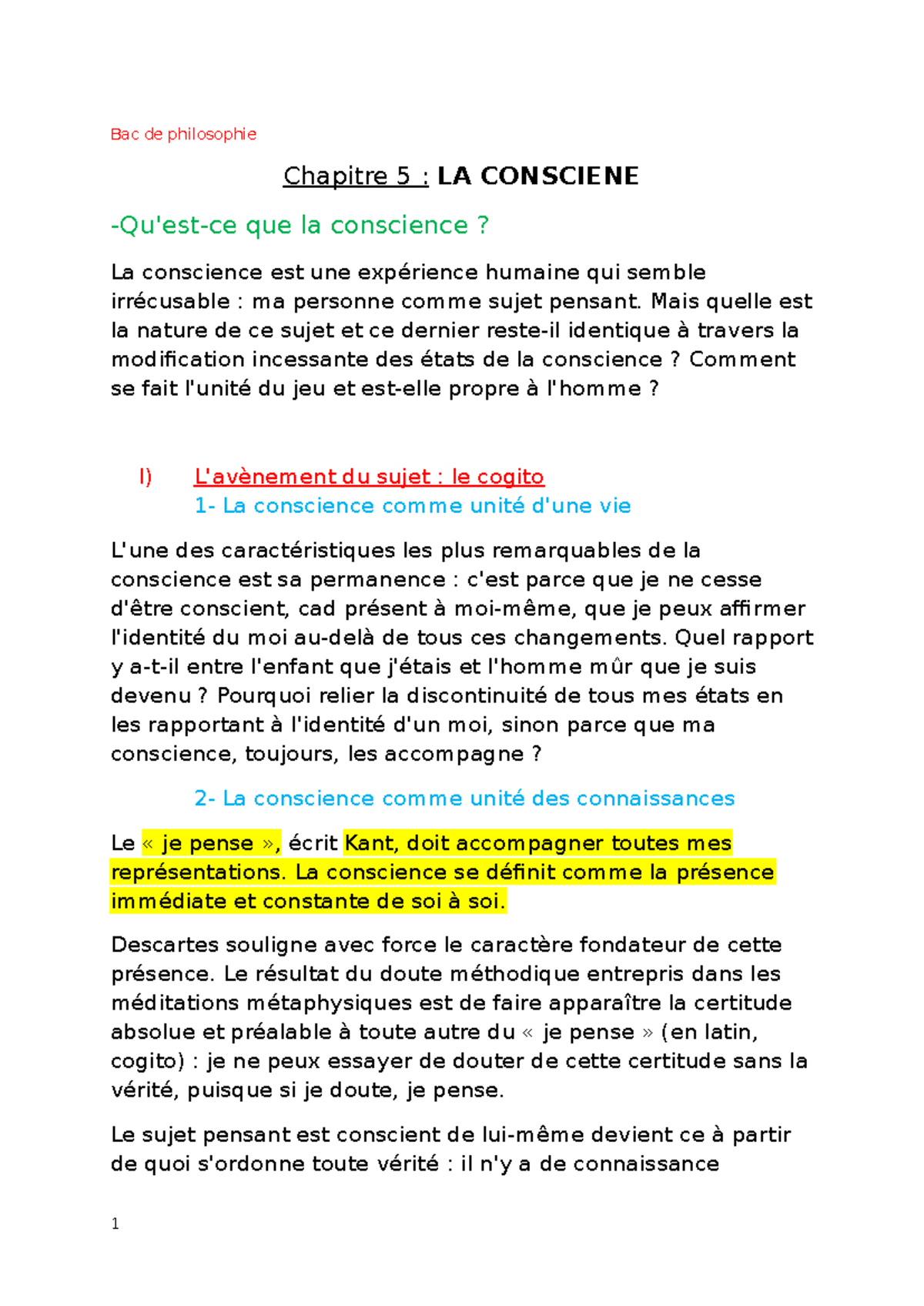 La Conscience - Bac de philosophie Chapitre 5 : LA CONSCIENE -Qu'est-ce que la conscience? La ...