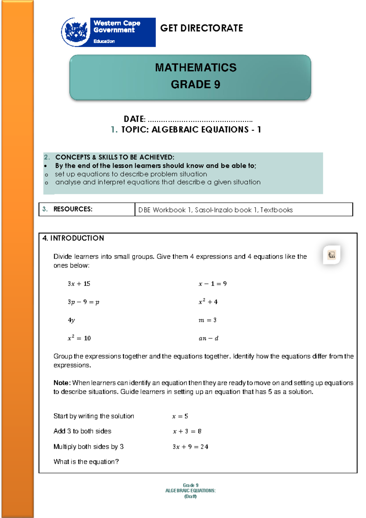 Gr 9 algebraic equations 1 - GET DIRECTORATE Grade 9 ALGEBRAIC ...