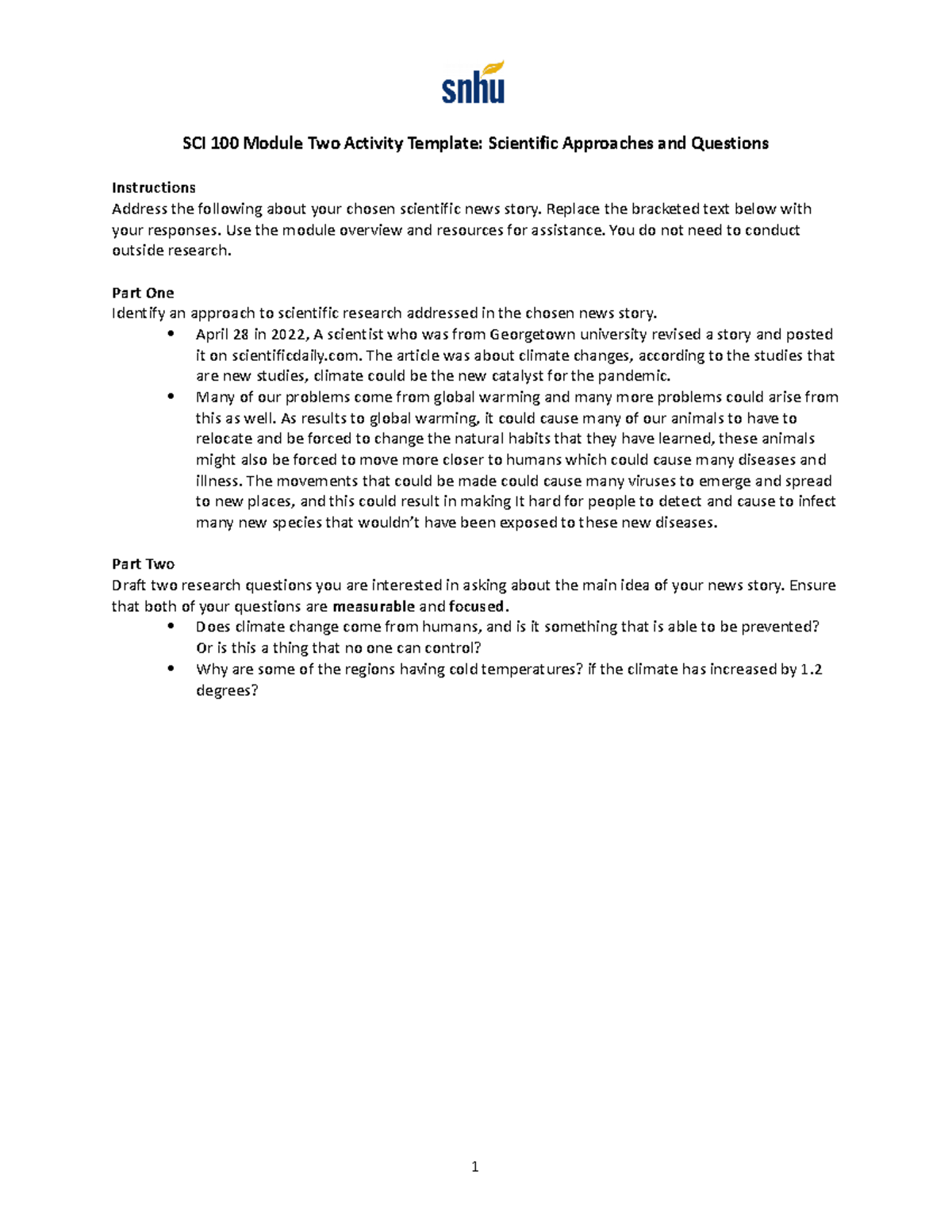 SCI 100 Module Two Activity Template - Replace the bracketed text below with your responses. Use ...