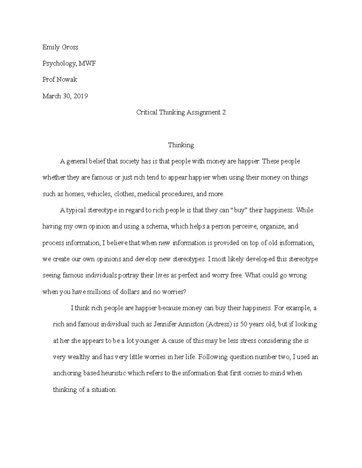 Critical Thinking Assignment 2 - Emily Gross Psychology, MWF Prof Nowak ...