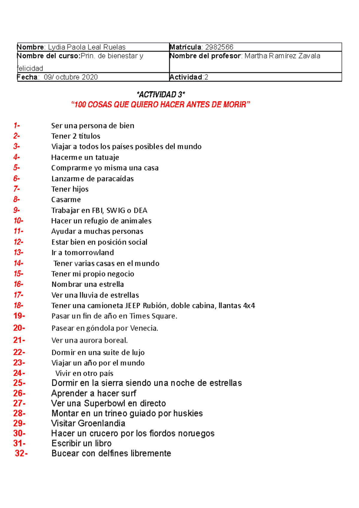 100 cosas antes de morir (Autoguardado) - Nombre: Lydia Paola Leal ...