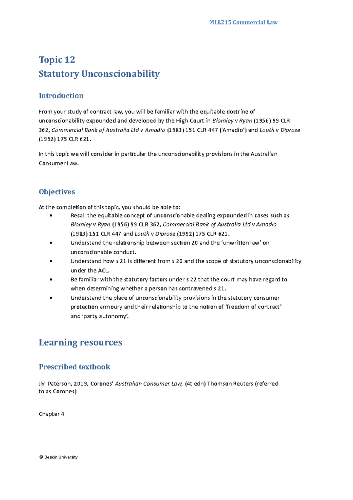 MLL215 Unconscionable conduct - MLL215 Commercial Law Topic 12 ...