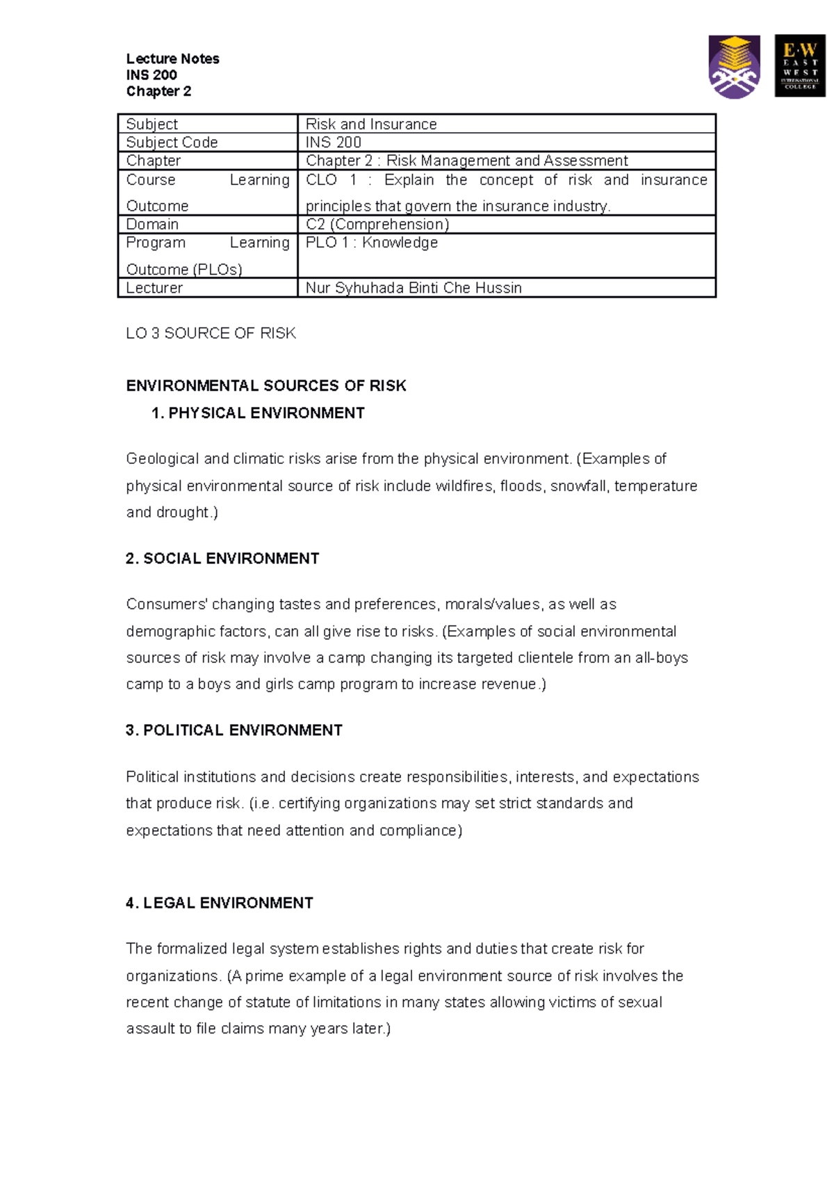 Lecture Notes INS 200 Chapter 2 - INS 200 Chapter 2 Subject Risk and ...