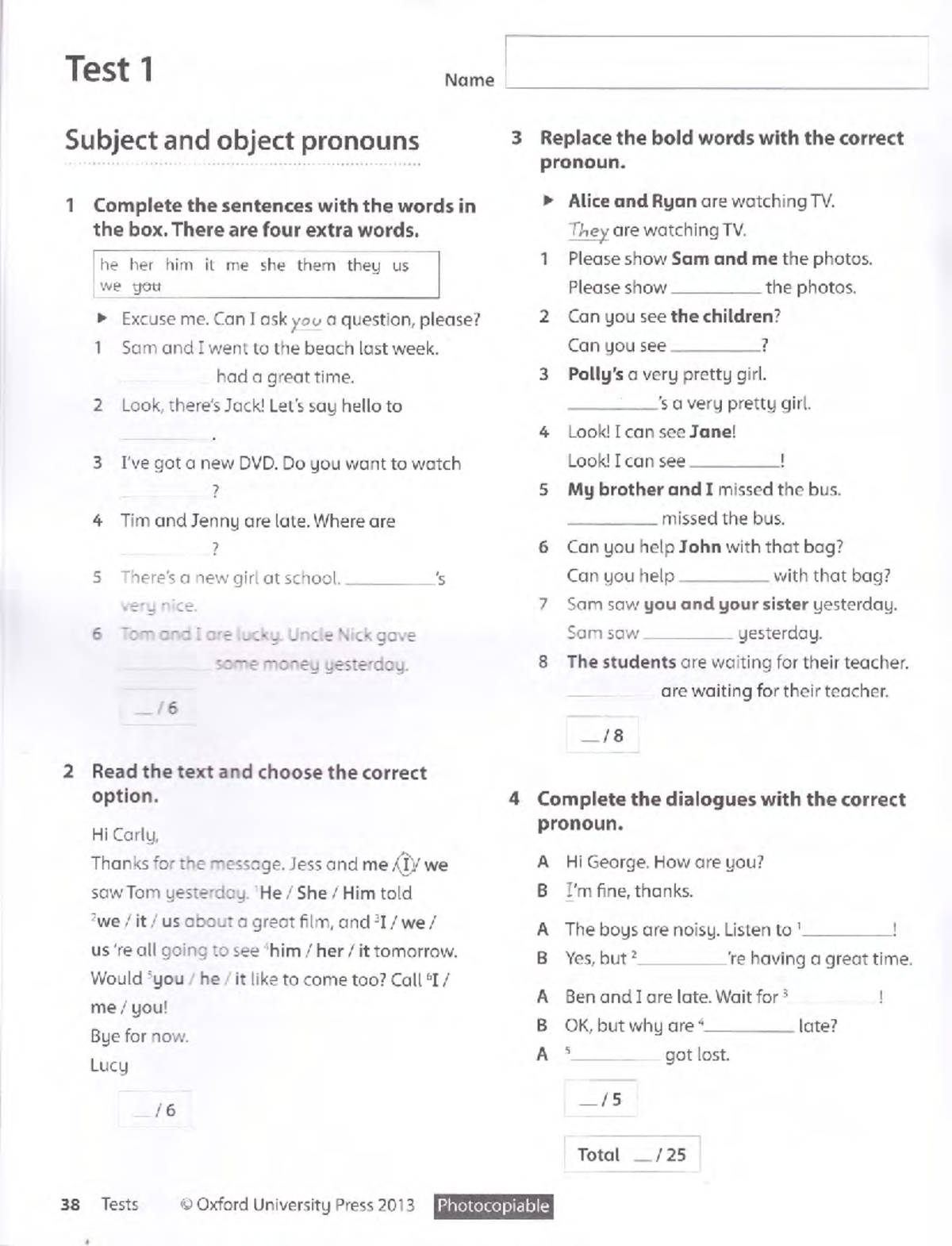Grammar for Schools 3 Teachers Book-in - Test 1 Name Subject and object ...