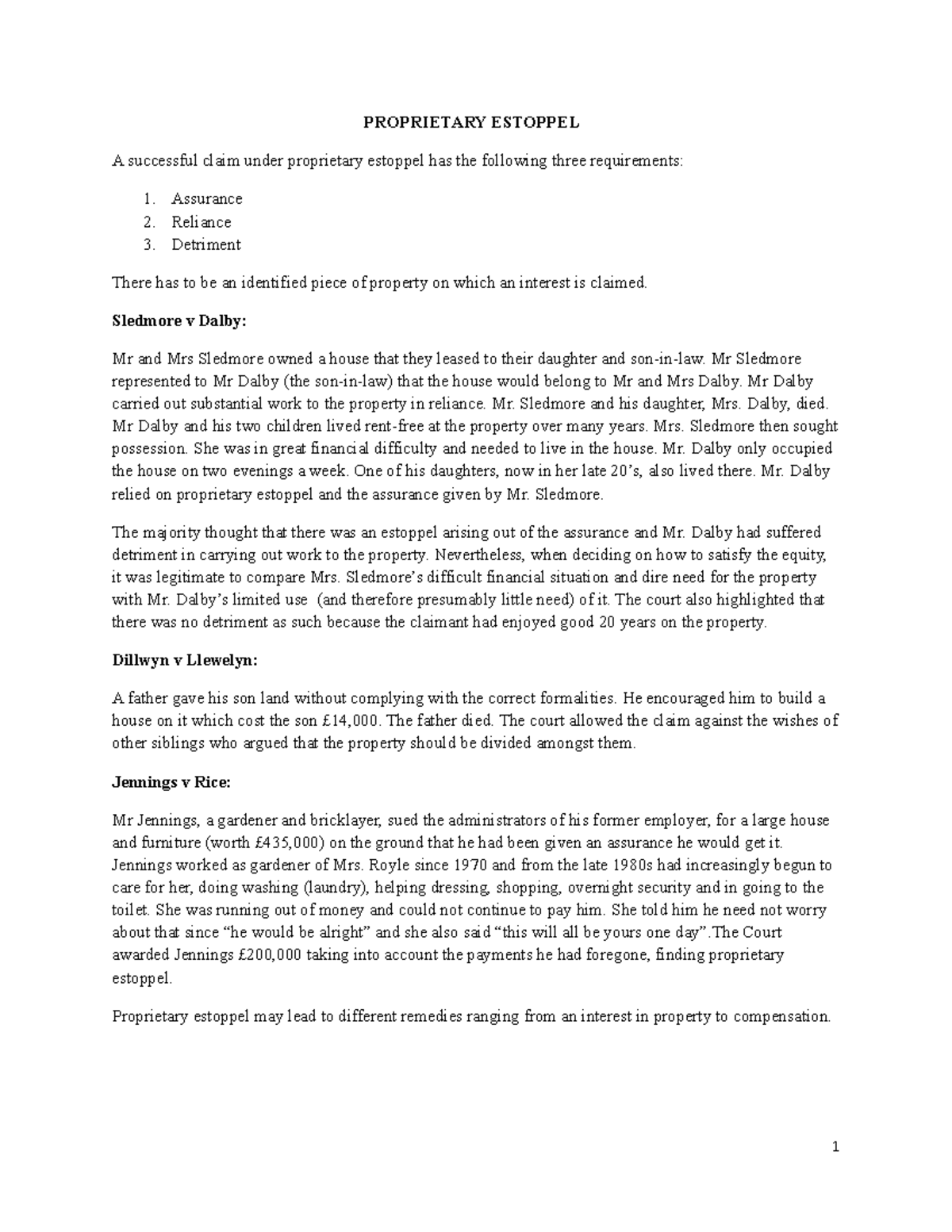 Proprietary Estoppel - notes - PROPRIETARY ESTOPPEL A successful claim ...