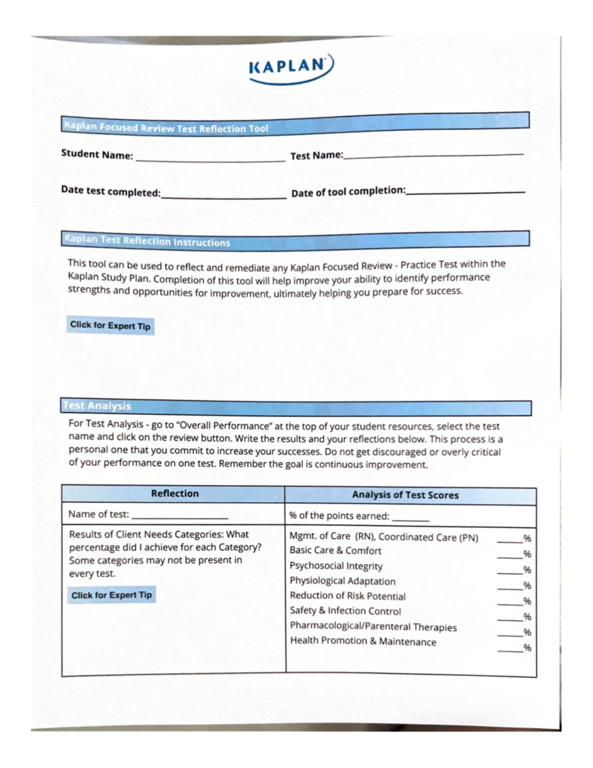 Kaplan Focused Review Test Reflection Tool 4 - NURSE 275 - Studocu