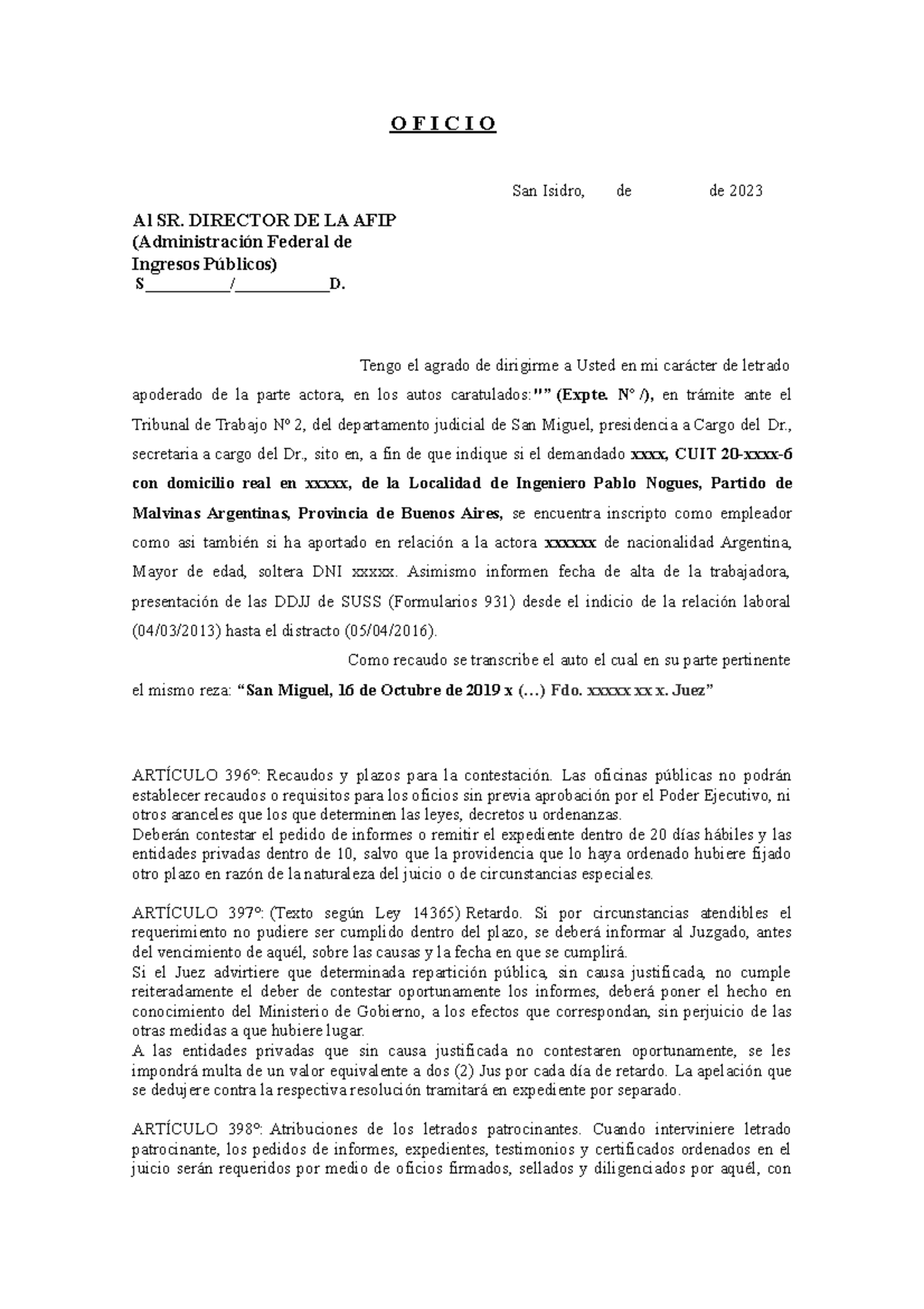 Modelo Oficio - O F I C I O San Isidro, de de 2023 Al SR. DIRECTOR DE LA AFIP (Administración ...
