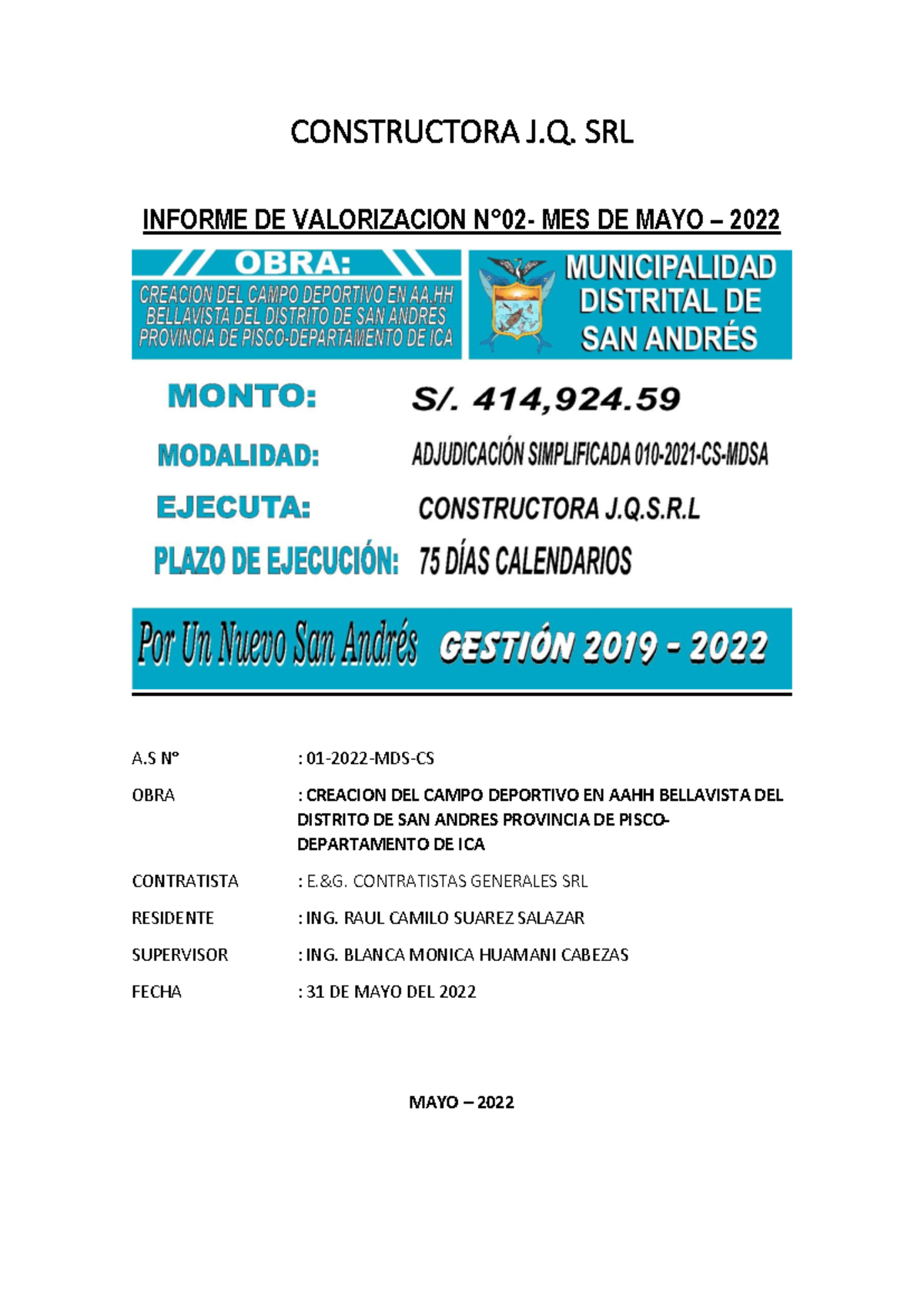 Caratula - Estructura de Concreto Armado para Obras Sanitarias - CONSTRUCTORA J. SRL INFORME DE ...
