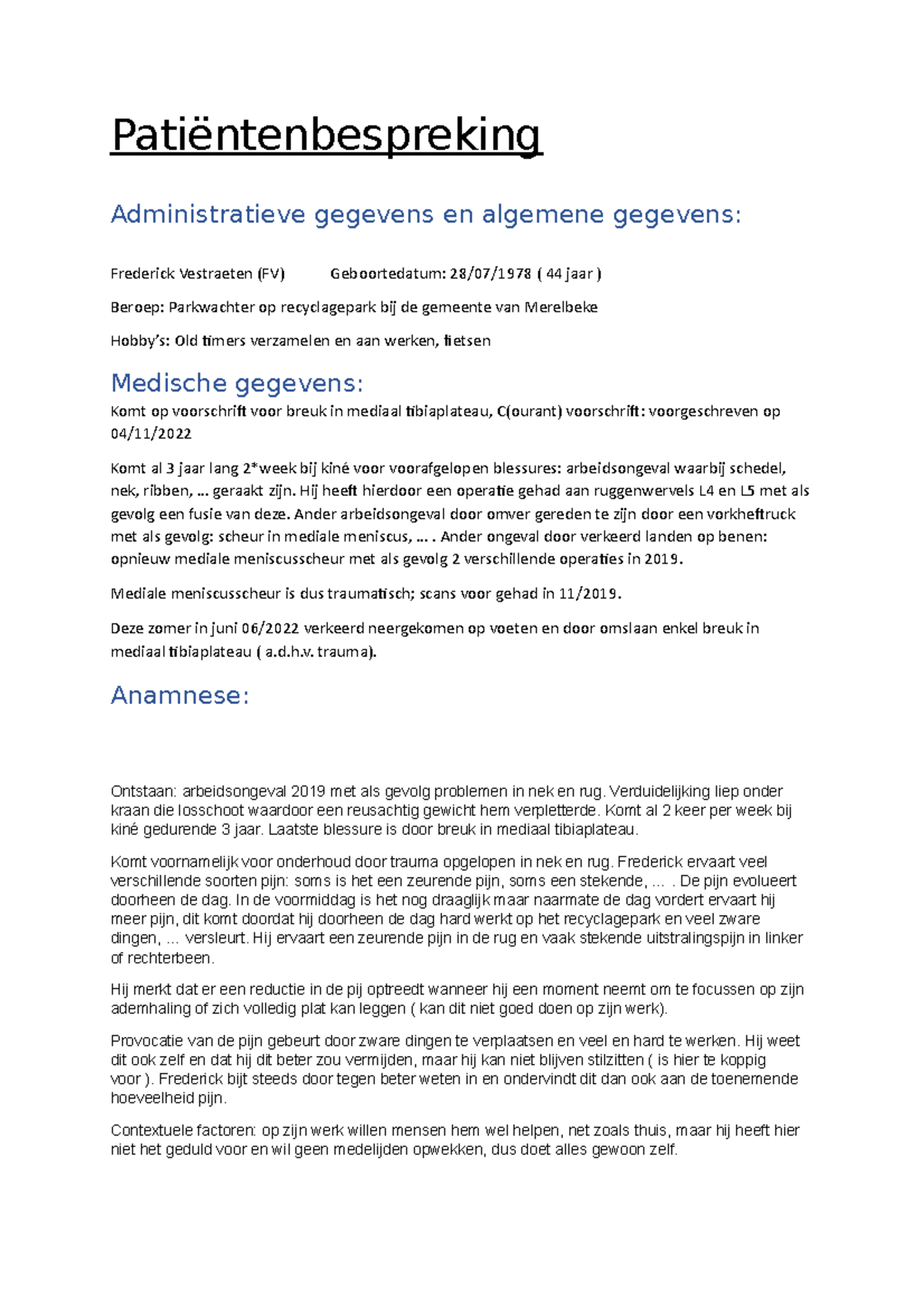 Patiëntenbespreking - Patiëntenbespreking Administratieve gegevens en ...