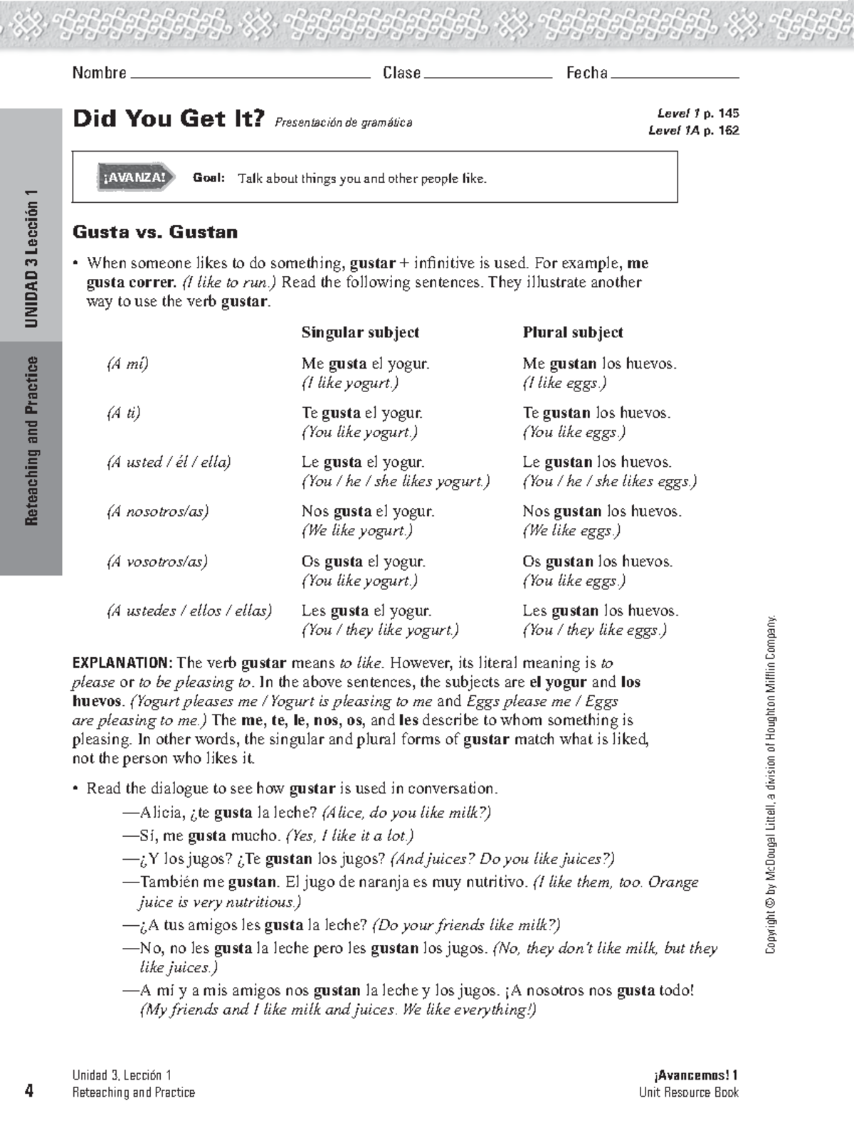 Damian Lago - Gustar Worksheet - Nombre Clase Fecha ####### Copyright ...