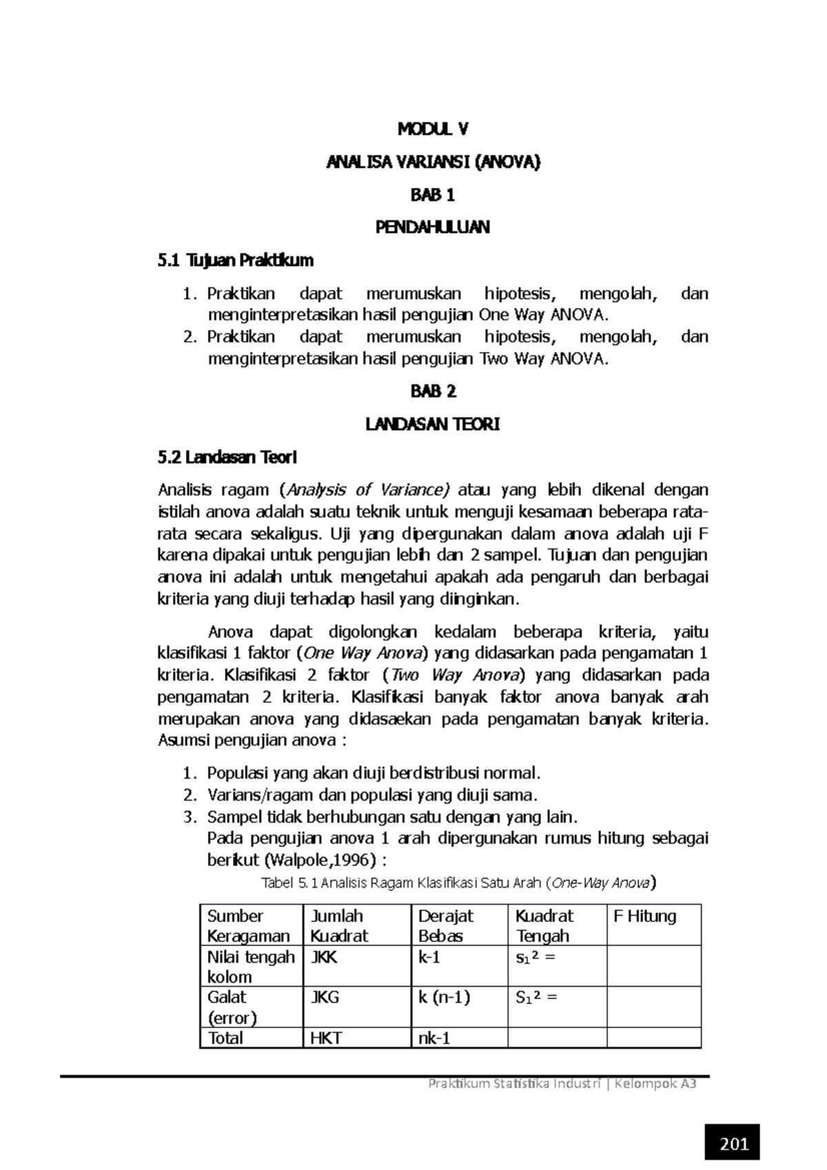 Modul V Statistik - Praktikum Statistika Industri | Kelompok A MODUL V ANALISA VARIANSI (ANOVA ...