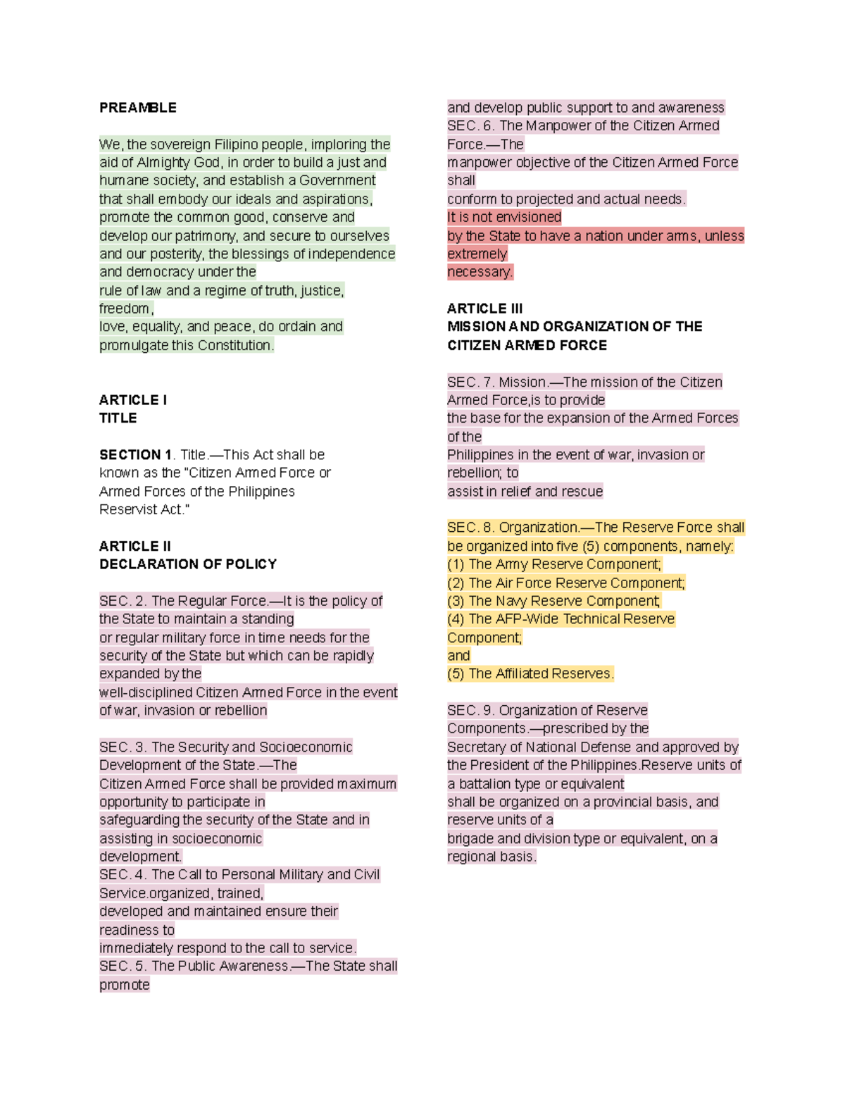 Reviewer For NSTP - Idunno - PREAMBLE We, the sovereign Filipino people ...