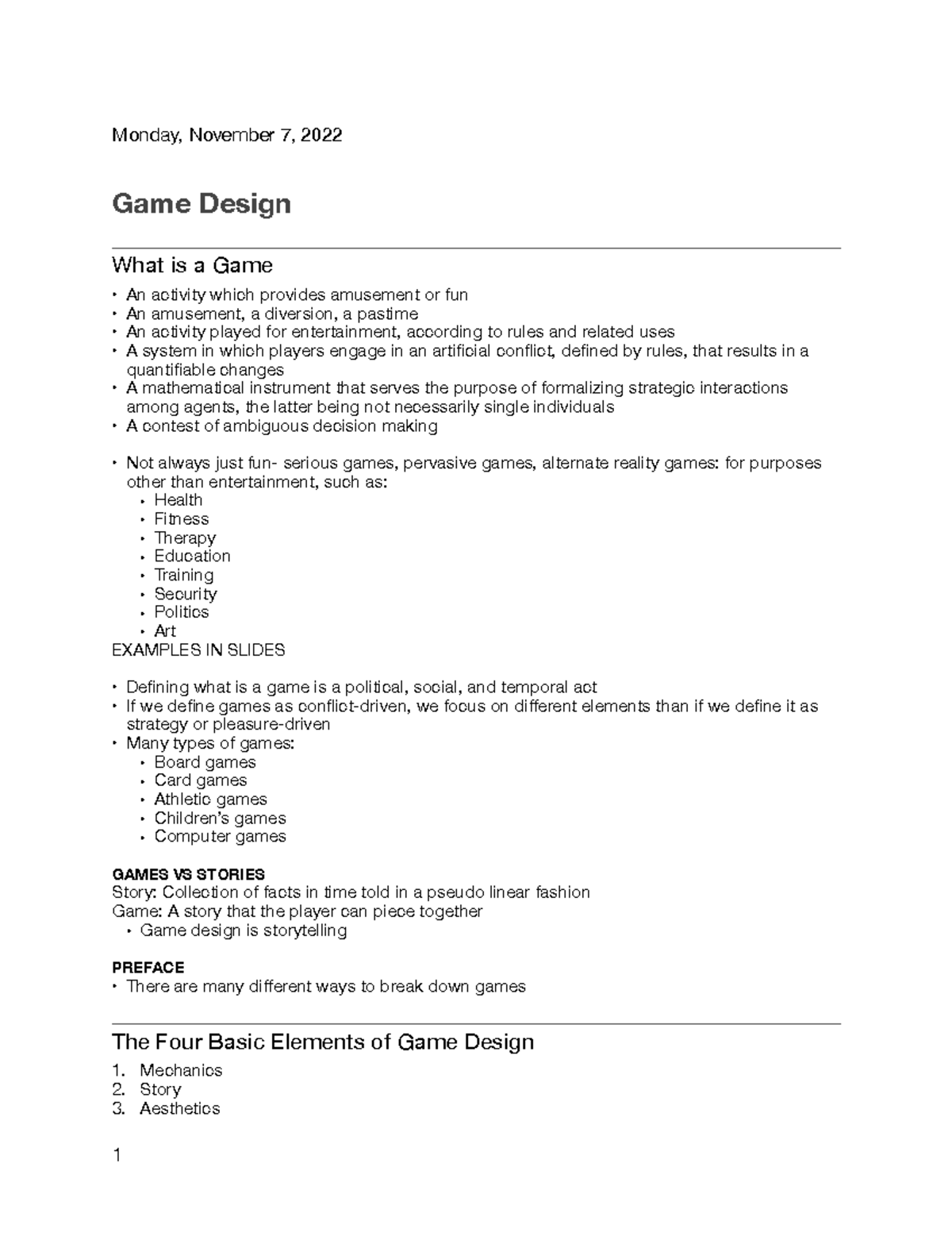 IMD 1000- Game Design - Monday, November 7, 2022 Game Design What is a ...