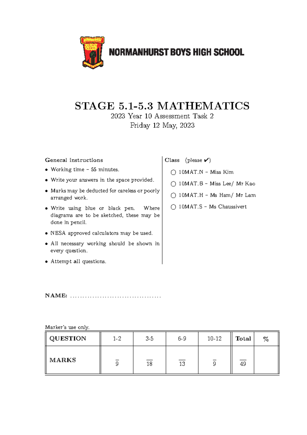 2023 Year 10 Assessment Task 2 Question paper only - STAGE 5.1-5 ...