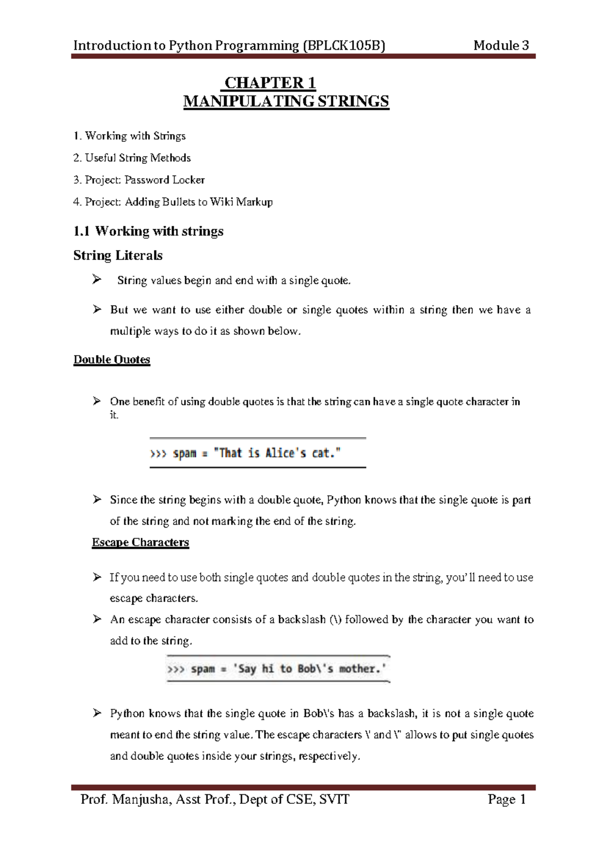 Module 3 notes of - CHAPTER 1 MANIPULATING STRINGS ####### 1. Working ...