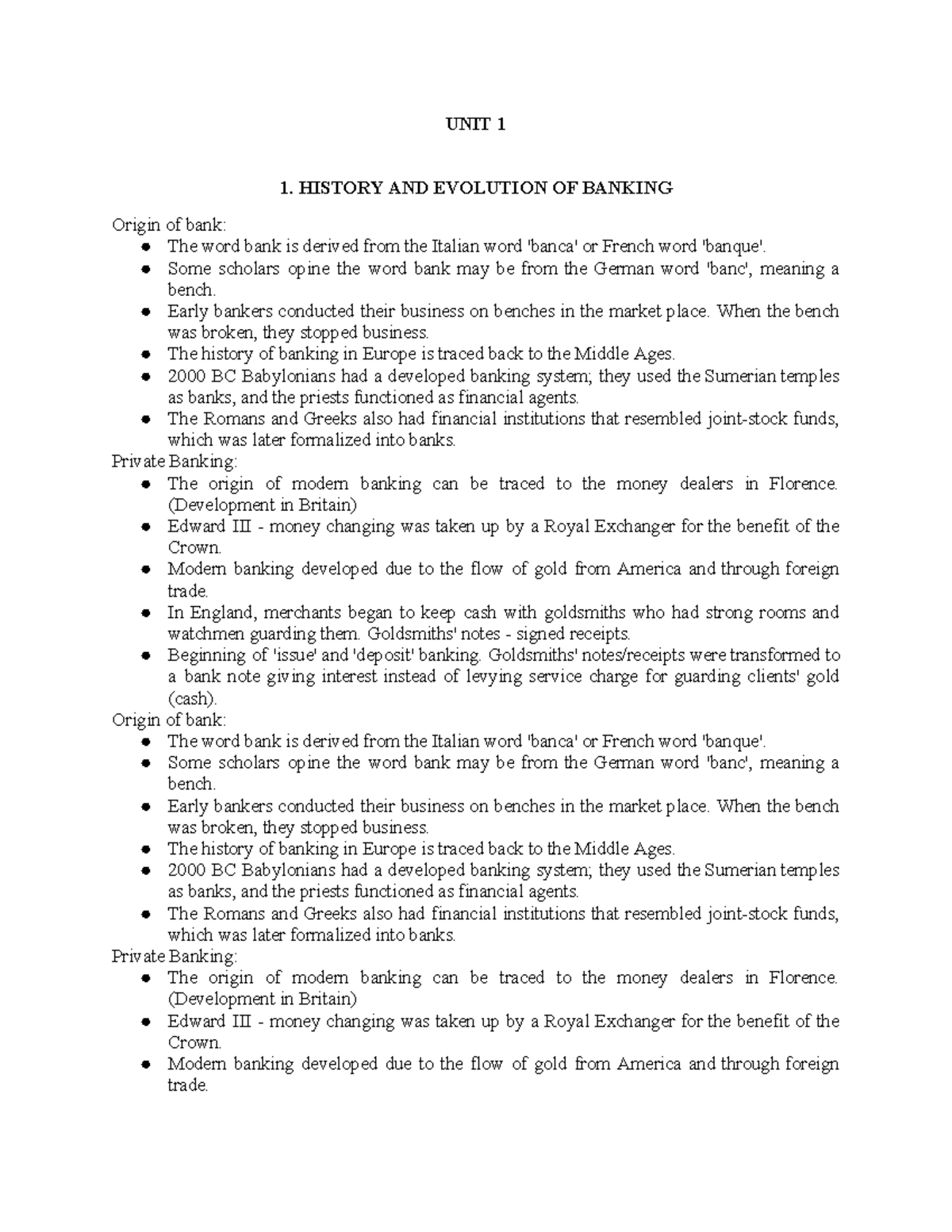 Untitled document - notes - UNIT 1 1. HISTORY AND EVOLUTION OF BANKING ...