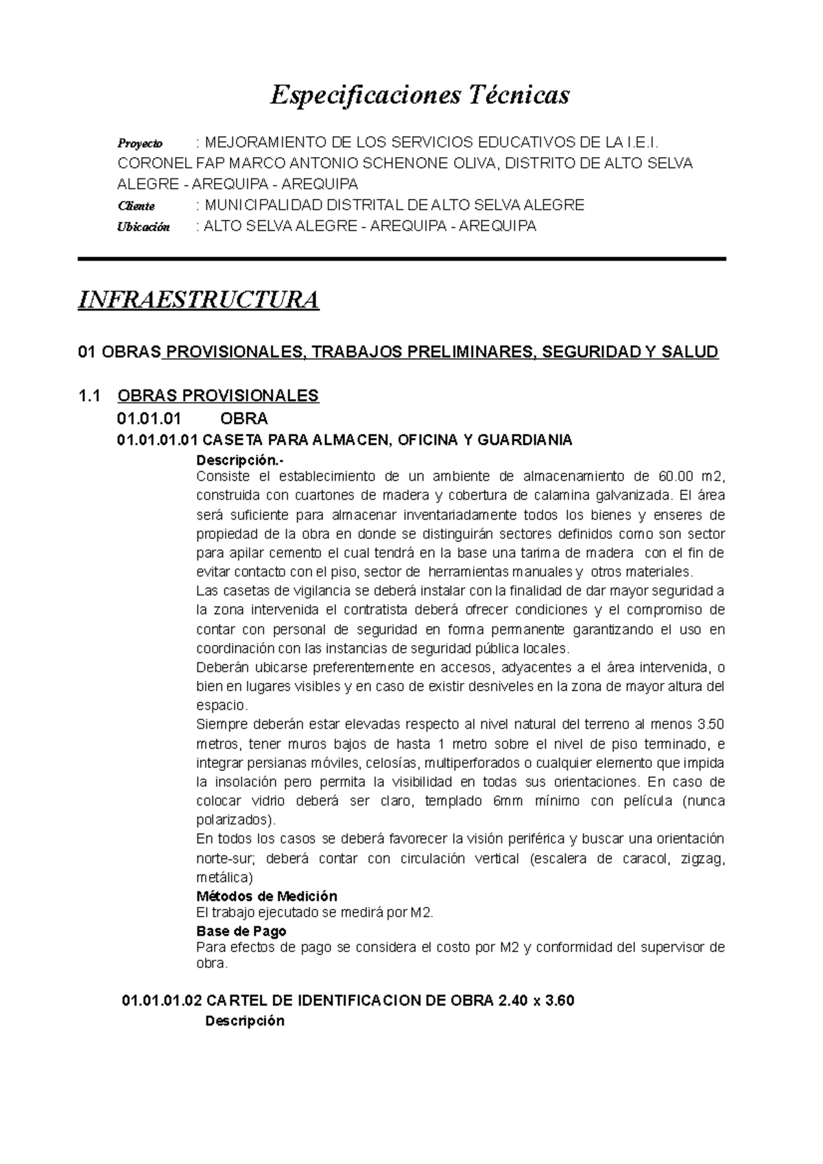 Especificaciones Técnicas schenone - Especificaciones Técnicas Proyecto : MEJORAMIENTO DE LOS ...