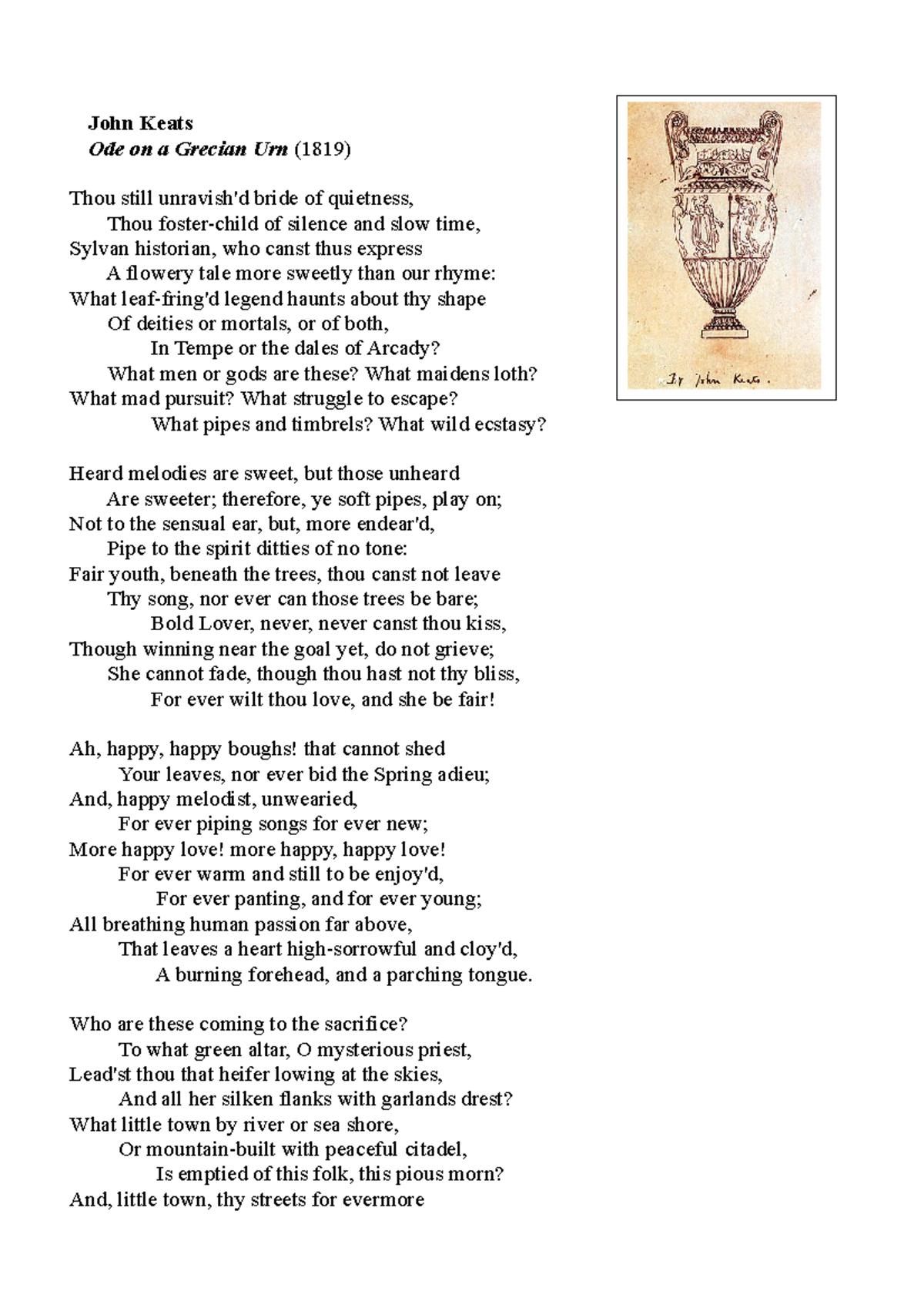 John Keats - Ode on a Grecian Urn - John Keats Ode on a Grecian Urn ...