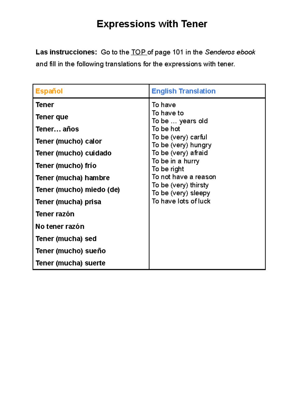 Tener Vocab-1 - Expressions with Tener Las instrucciones: Go to the TOP ...