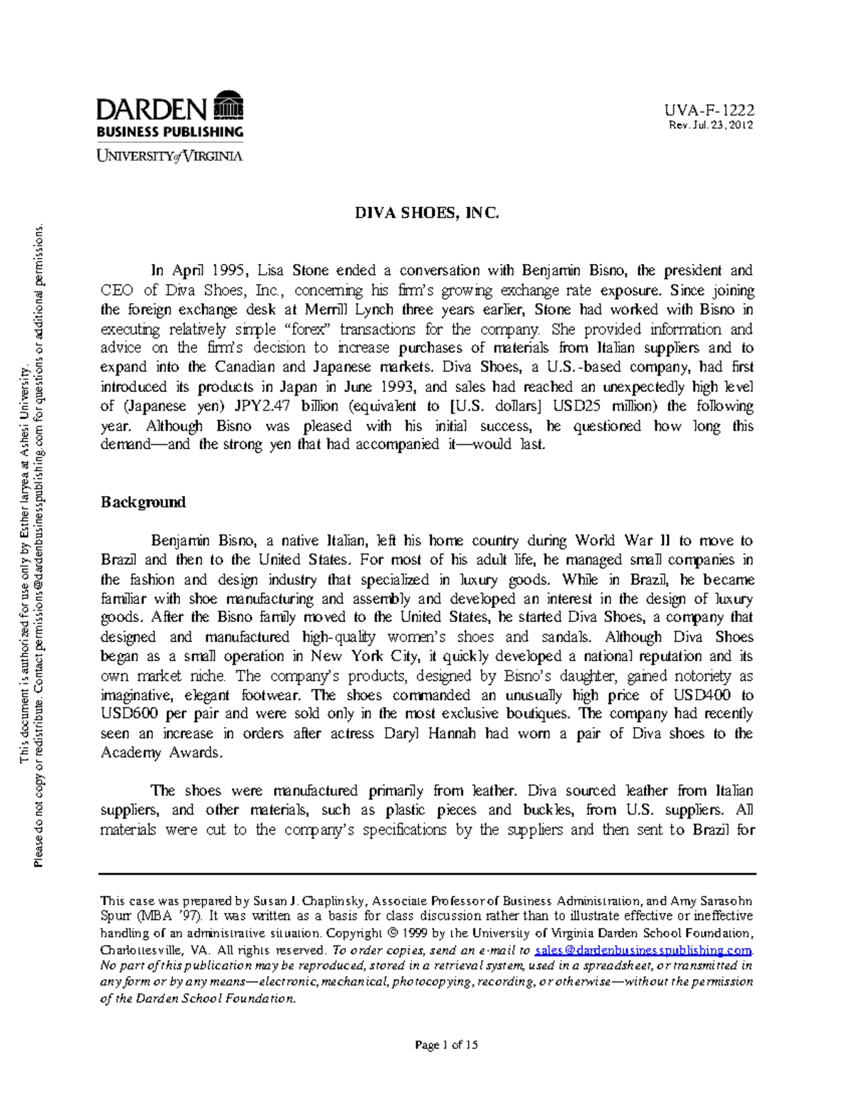 Diva Case - A case study on diva shoes - UVA-F- Rev. Jul. 23, 2012 This ...