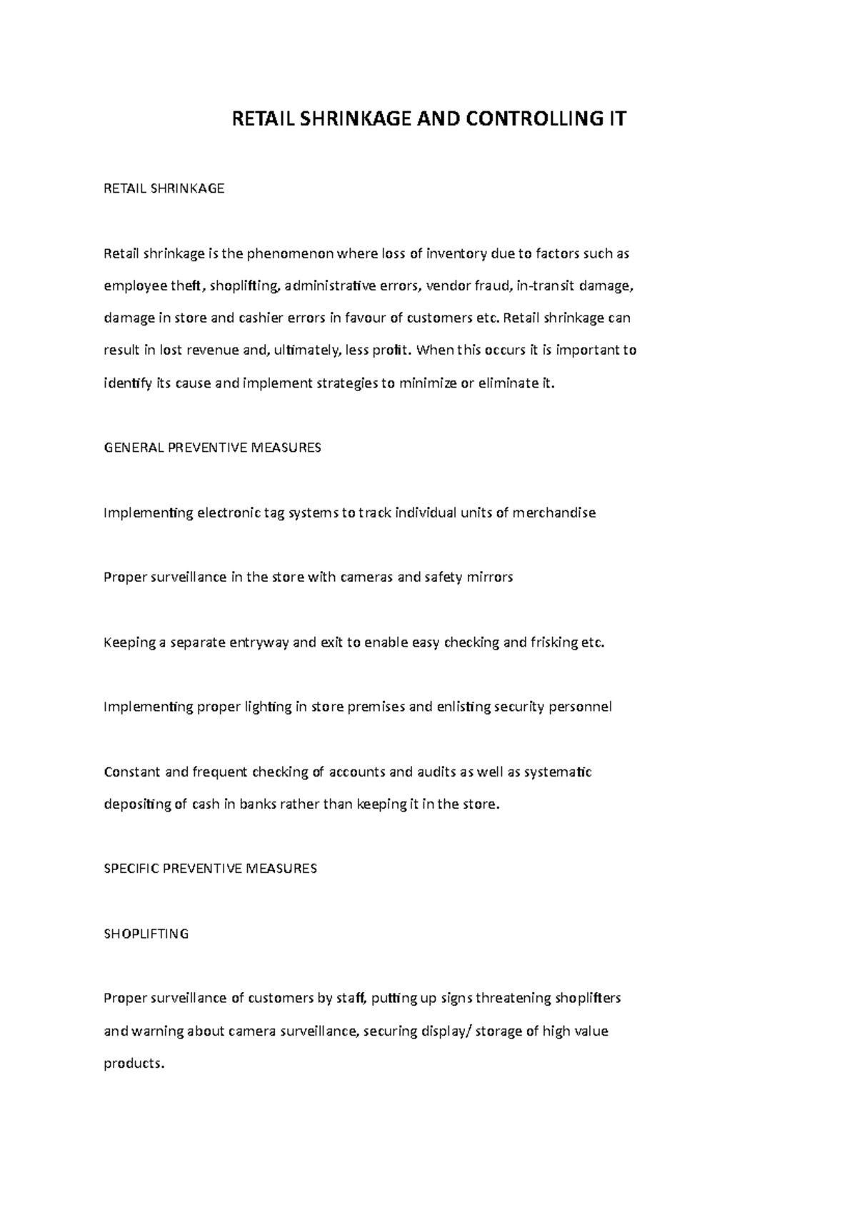 Retail Shrinkage AND Controlling IT - RETAIL SHRINKAGE AND CONTROLLING ...