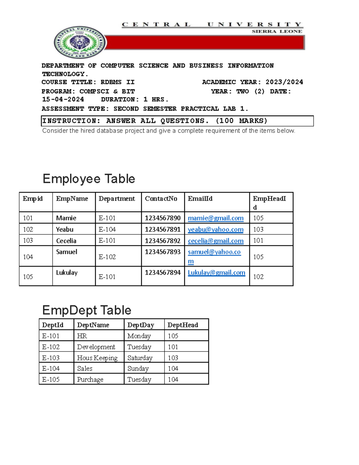 Practical Lab 1 - DEPARTMENT OF COMPUTER SCIENCE AND BUSINESS INFORMATION TECHNOLOGY. COURSE ...