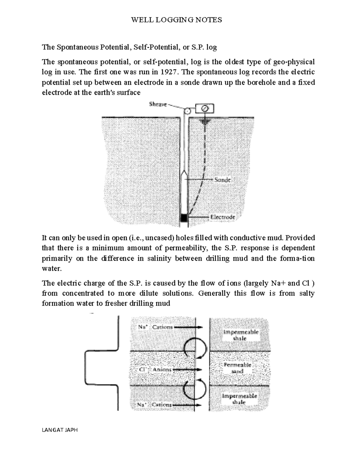 WELL Logging Notes - The Spontaneous Potential, Self-Potential, or S ...