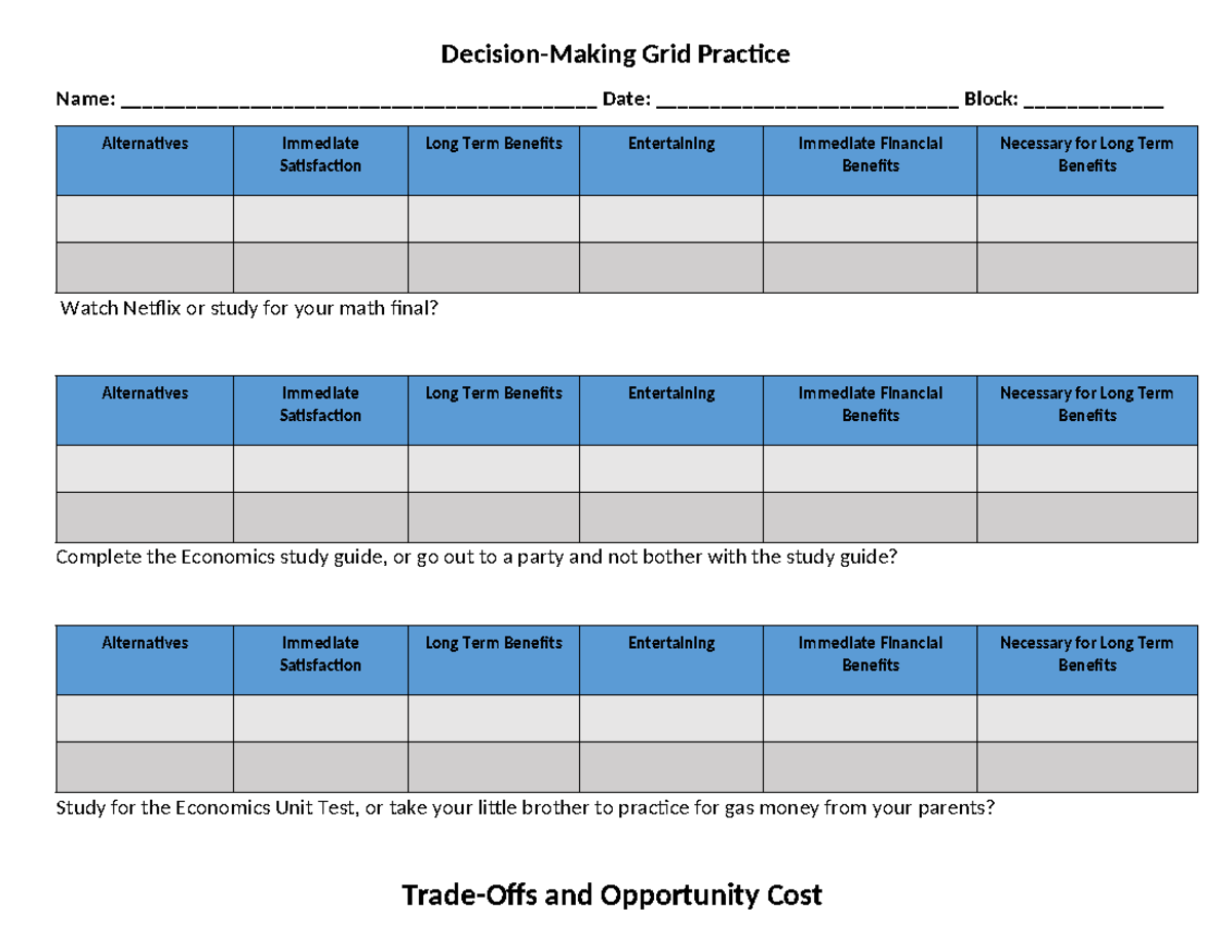 Decision making grid practice worksheet - Decision-Making Grid Practice ...