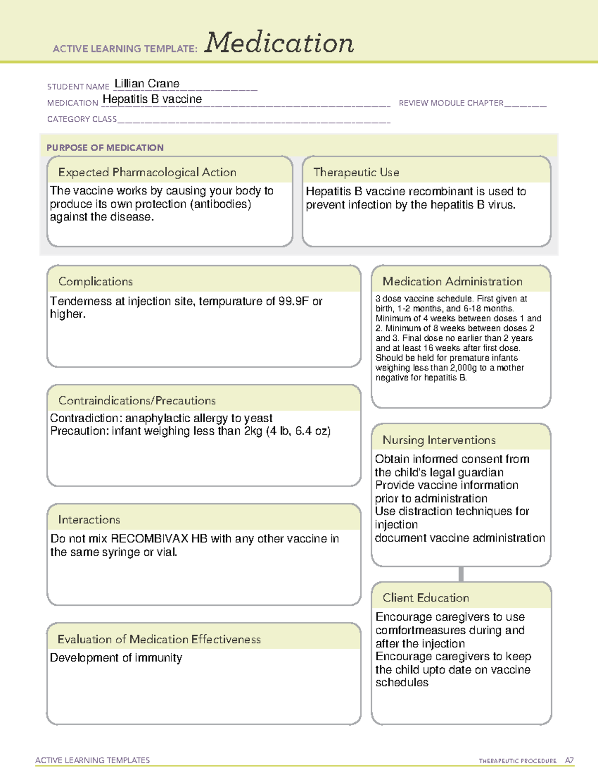 Hepatitis B Vaccine ACTIVE LEARNING TEMPLATES THERAPEUTIC PROCEDURE A