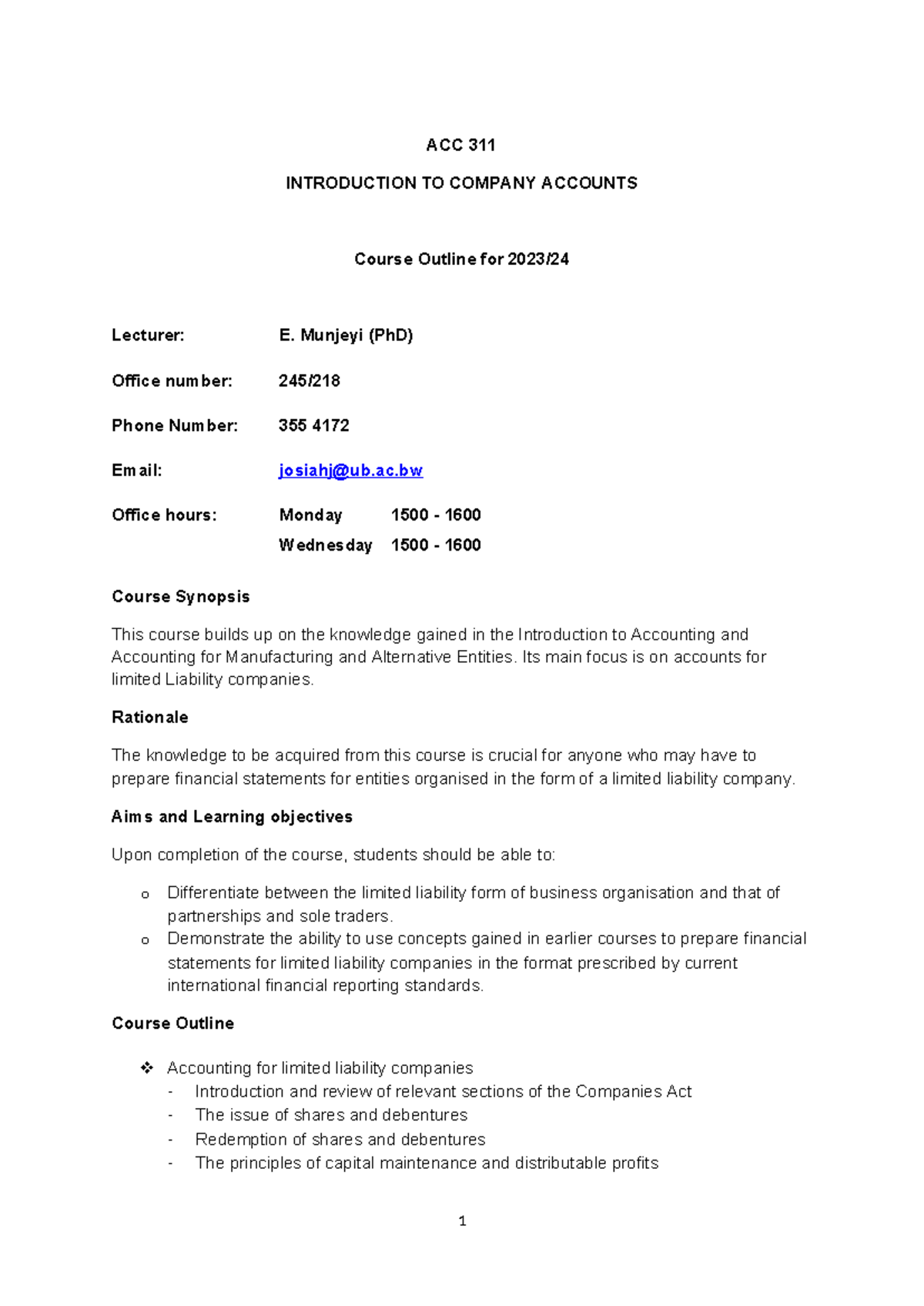 Course Outline Introduction TO Company Accounts 2023 - ACC 311 ...