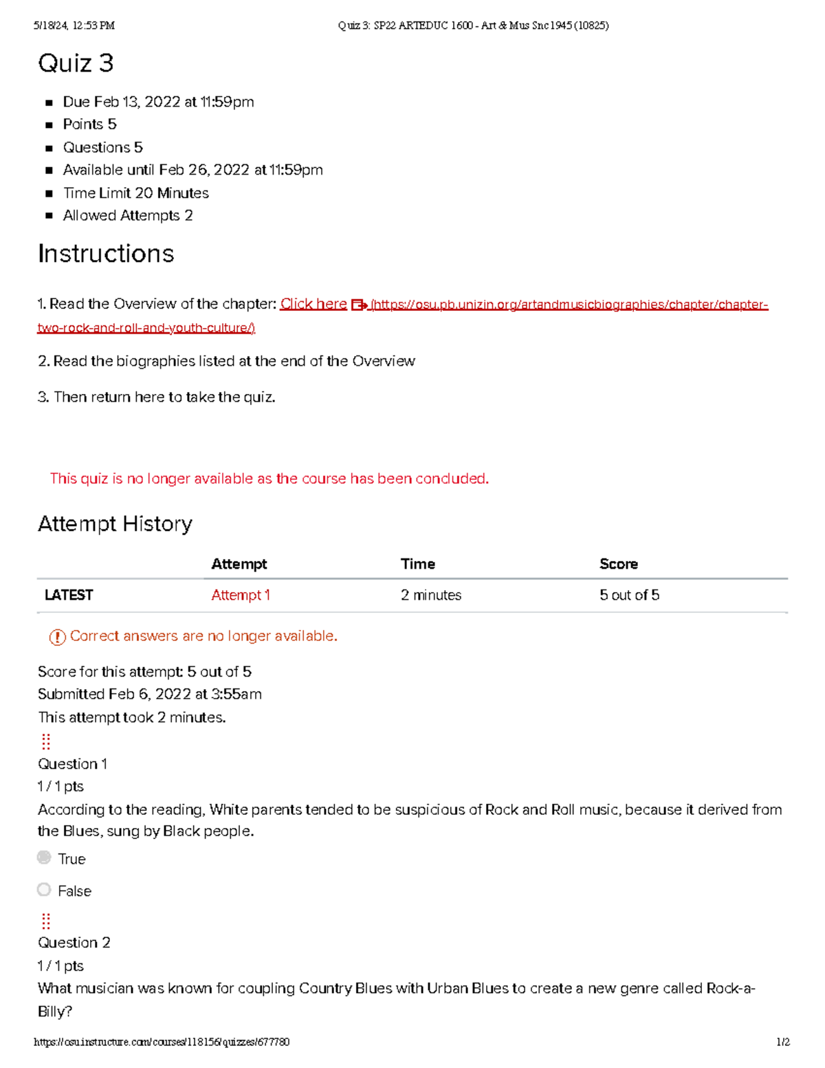 Quiz 3 SP22 A Rteduc 1600 - Art & Mus Snc 1945 (10825) - Quiz 3 Due Feb 13, 2022 at 11:59pm ...