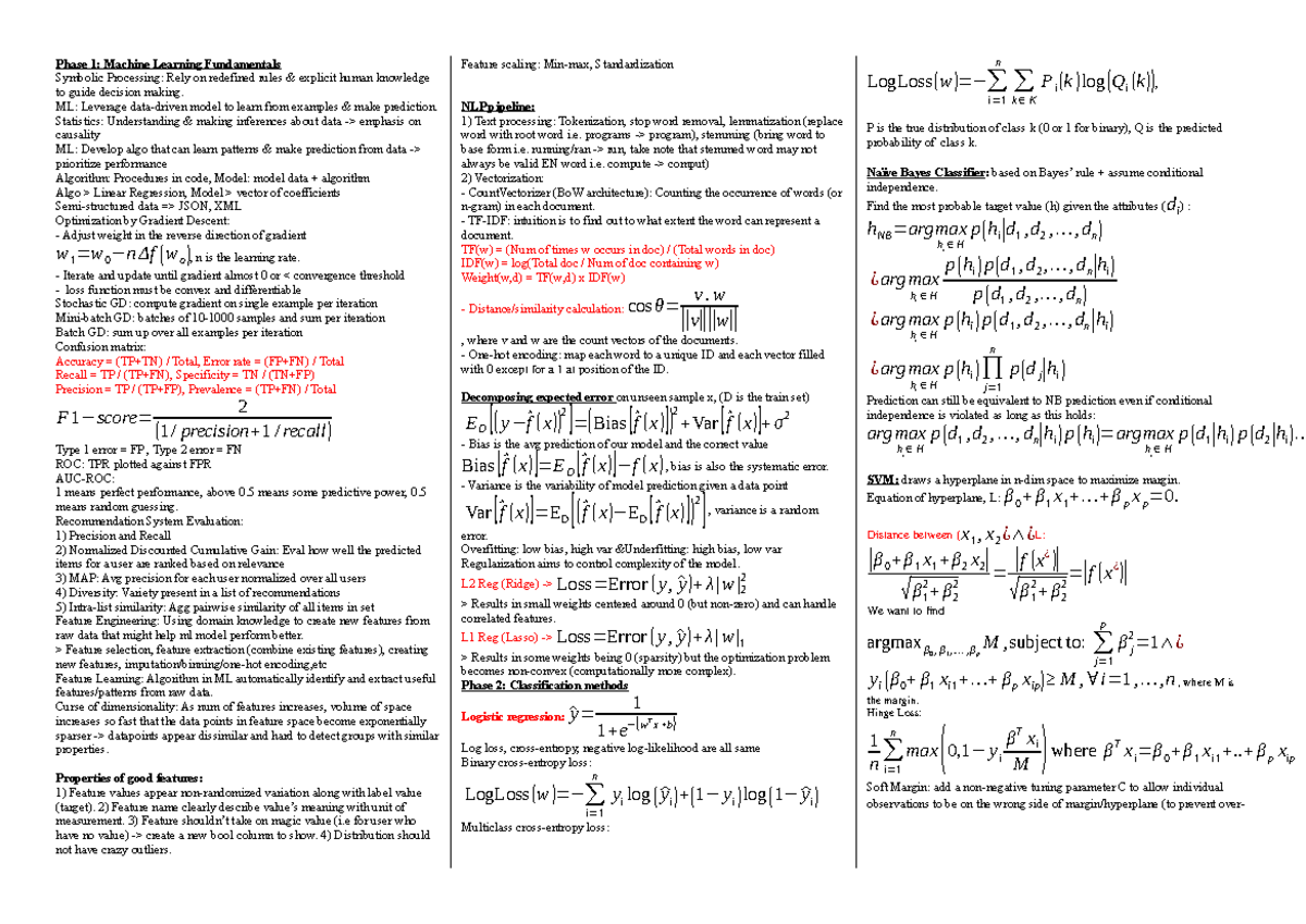 BT4222 Cheatsheet - Phase 1: Machine Learning Fundamentals Symbolic Processing: Rely on ...