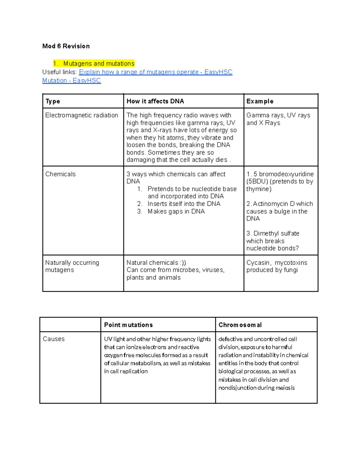 Mod 6 Revision notes year 12 - Mod 6 Revision Mutagens and mutations ...