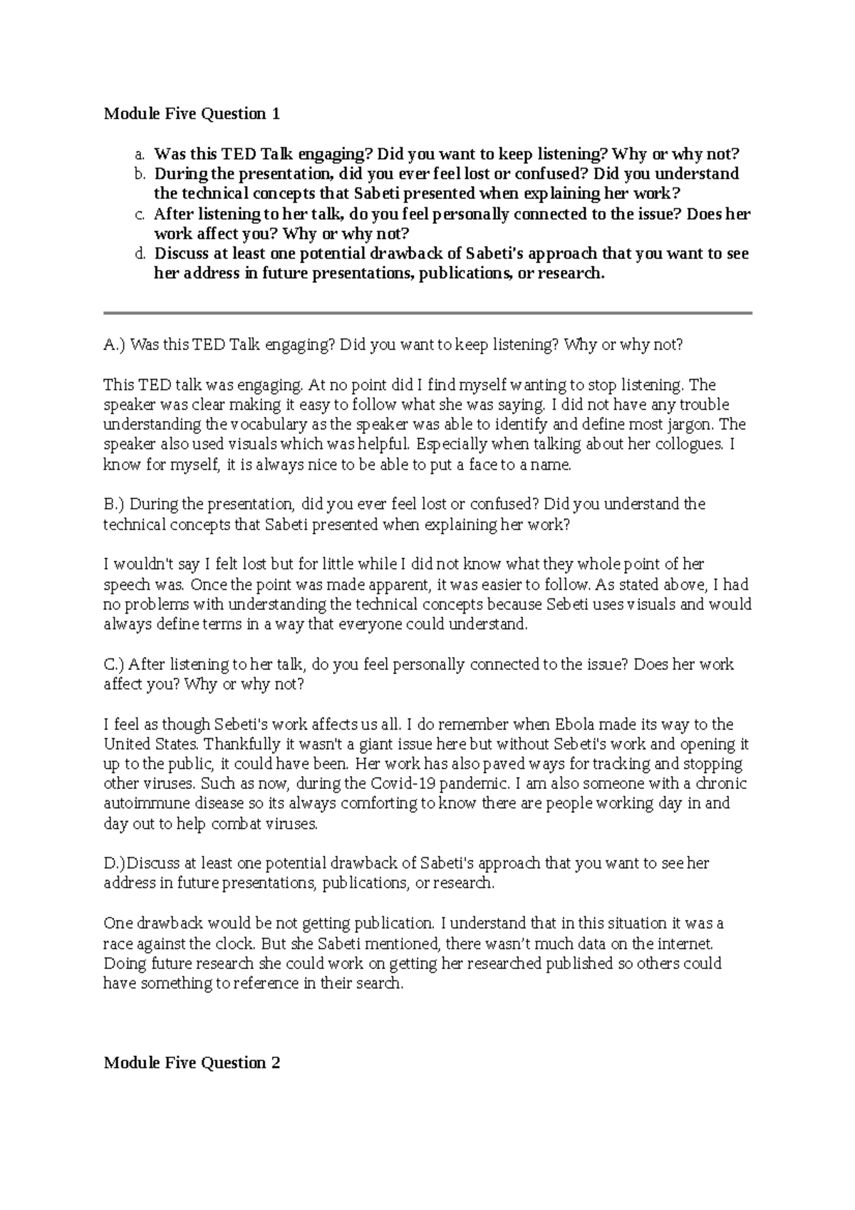 Module five short answers assignment - Module Five Question 1 a. Was ...