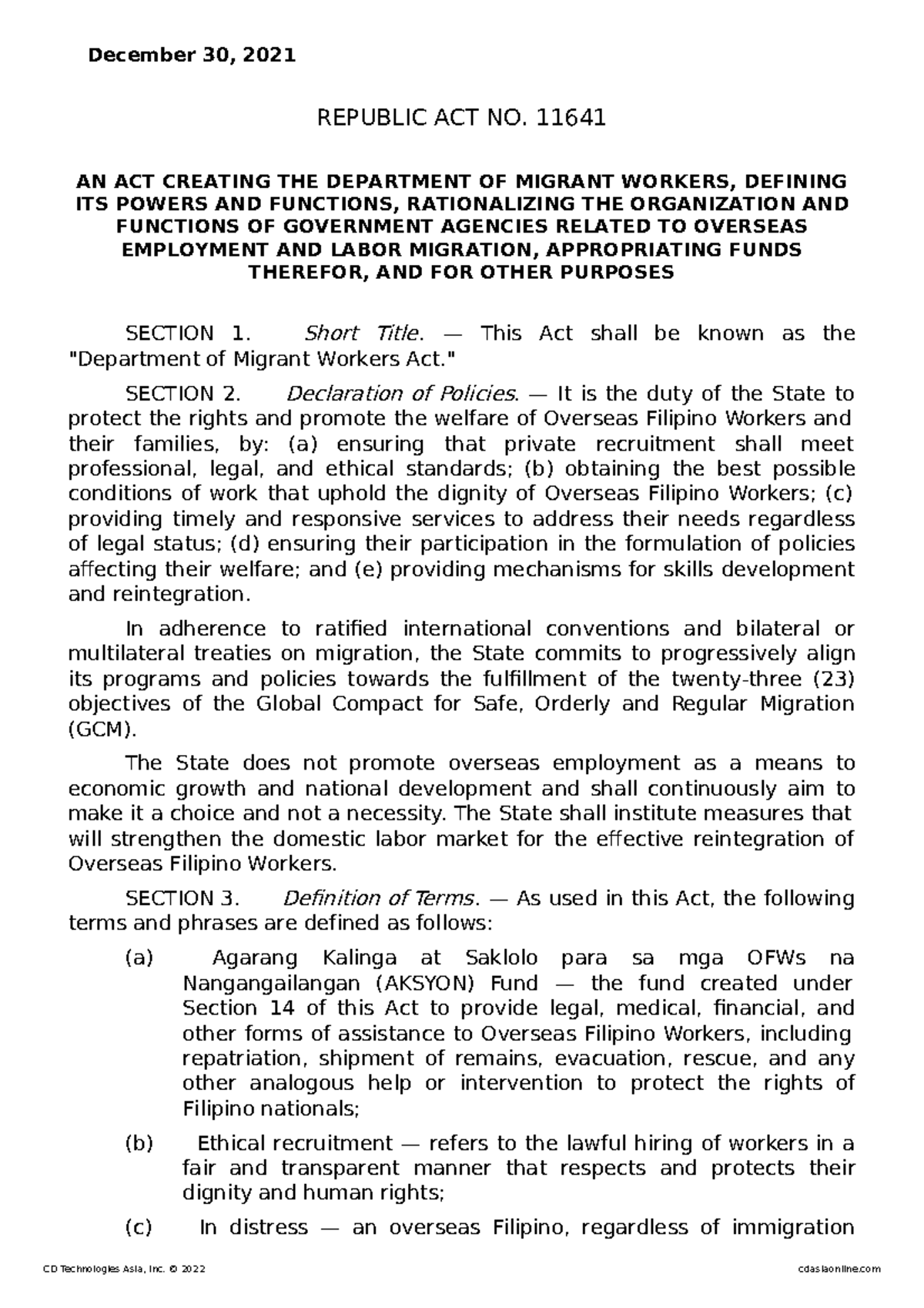 Department of Migrant Workers Act - December 30, 2021 REPUBLIC ACT NO ...
